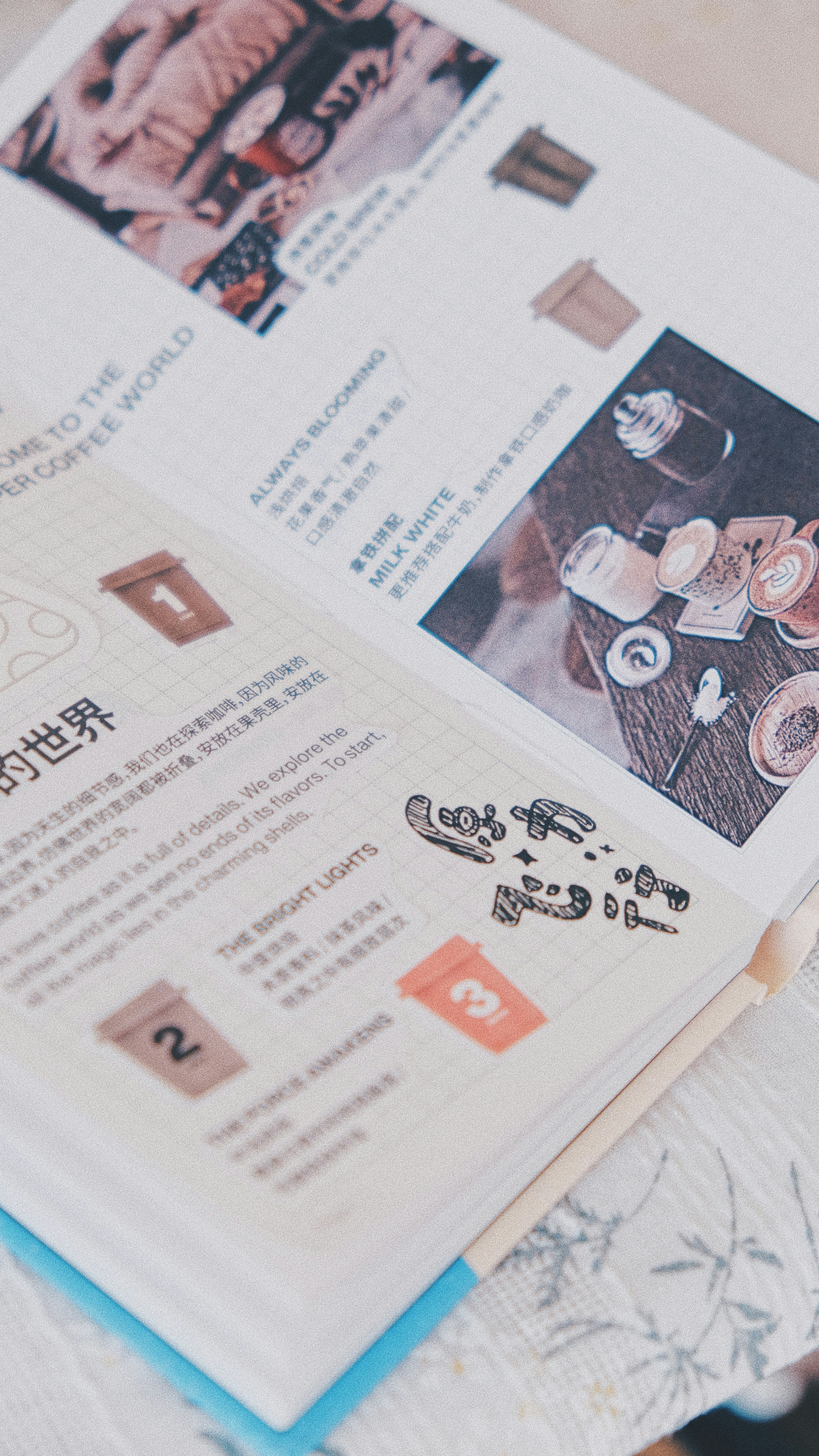 Pastel Grid of Coffee Moments on a Printed Spread