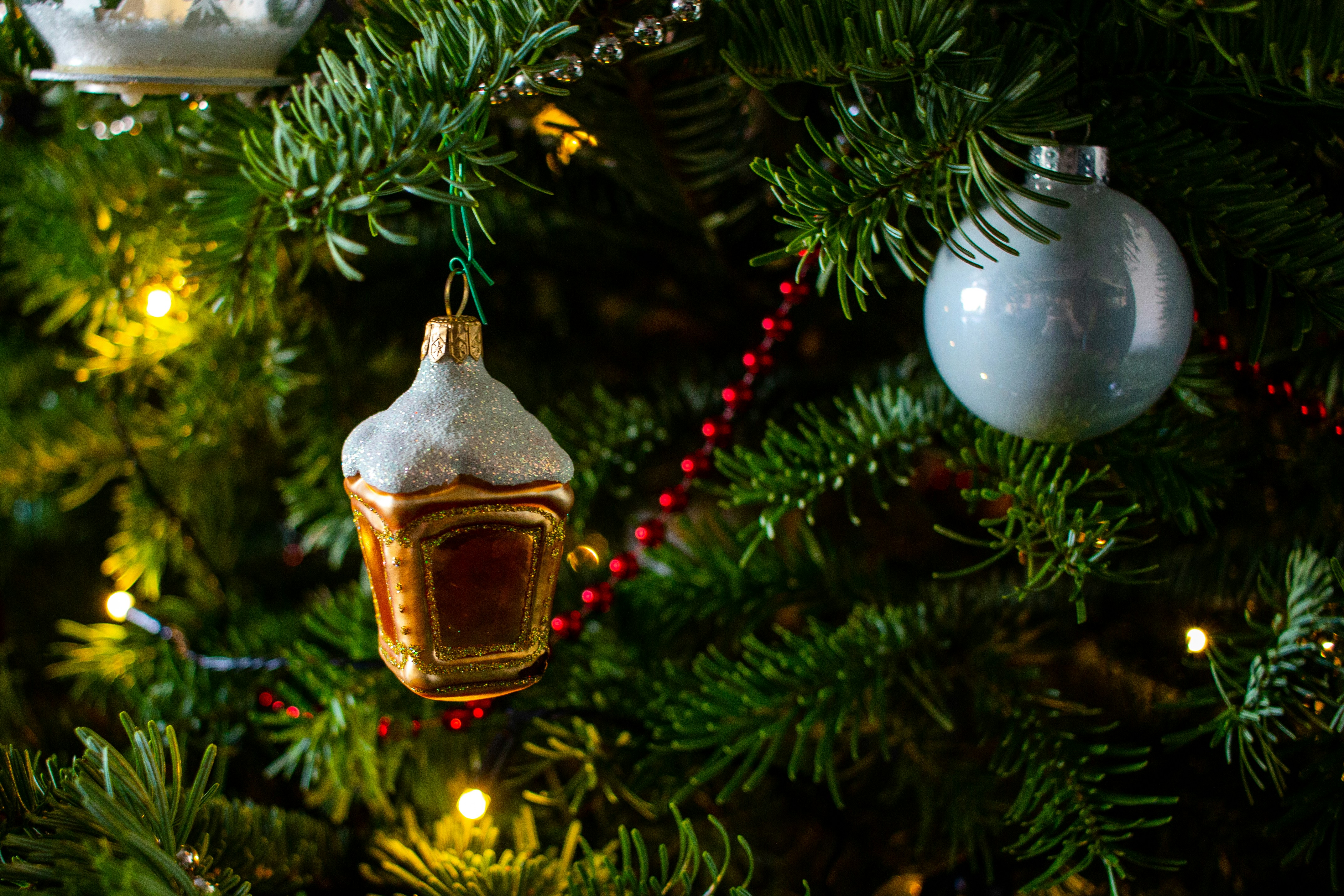 Amber Lantern Dangles Among Pine Needles on a Christmas Tree
