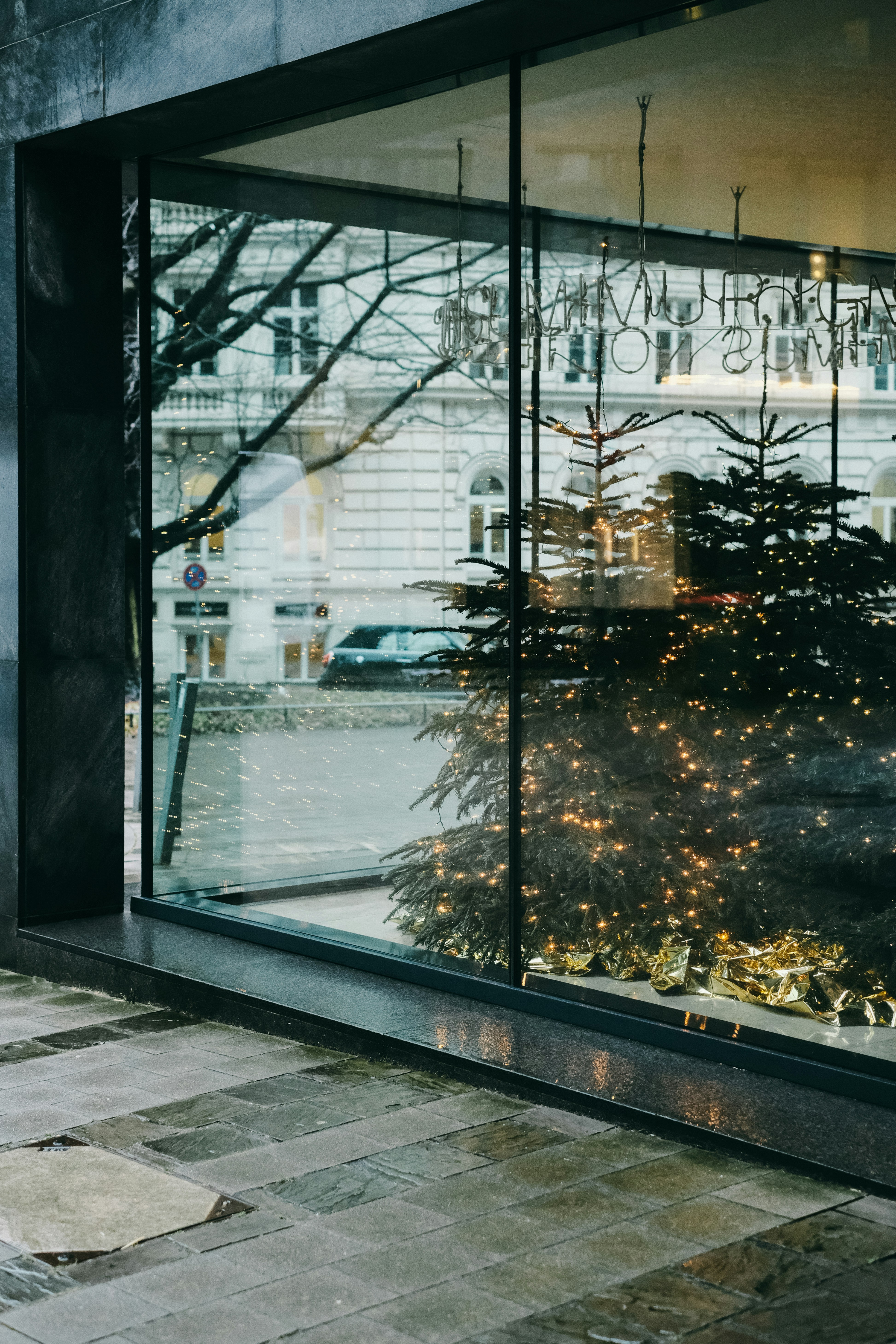 Decorated Christmas tree illuminated with lights, reflecting in a modern glass storefront amidst a city backdrop.