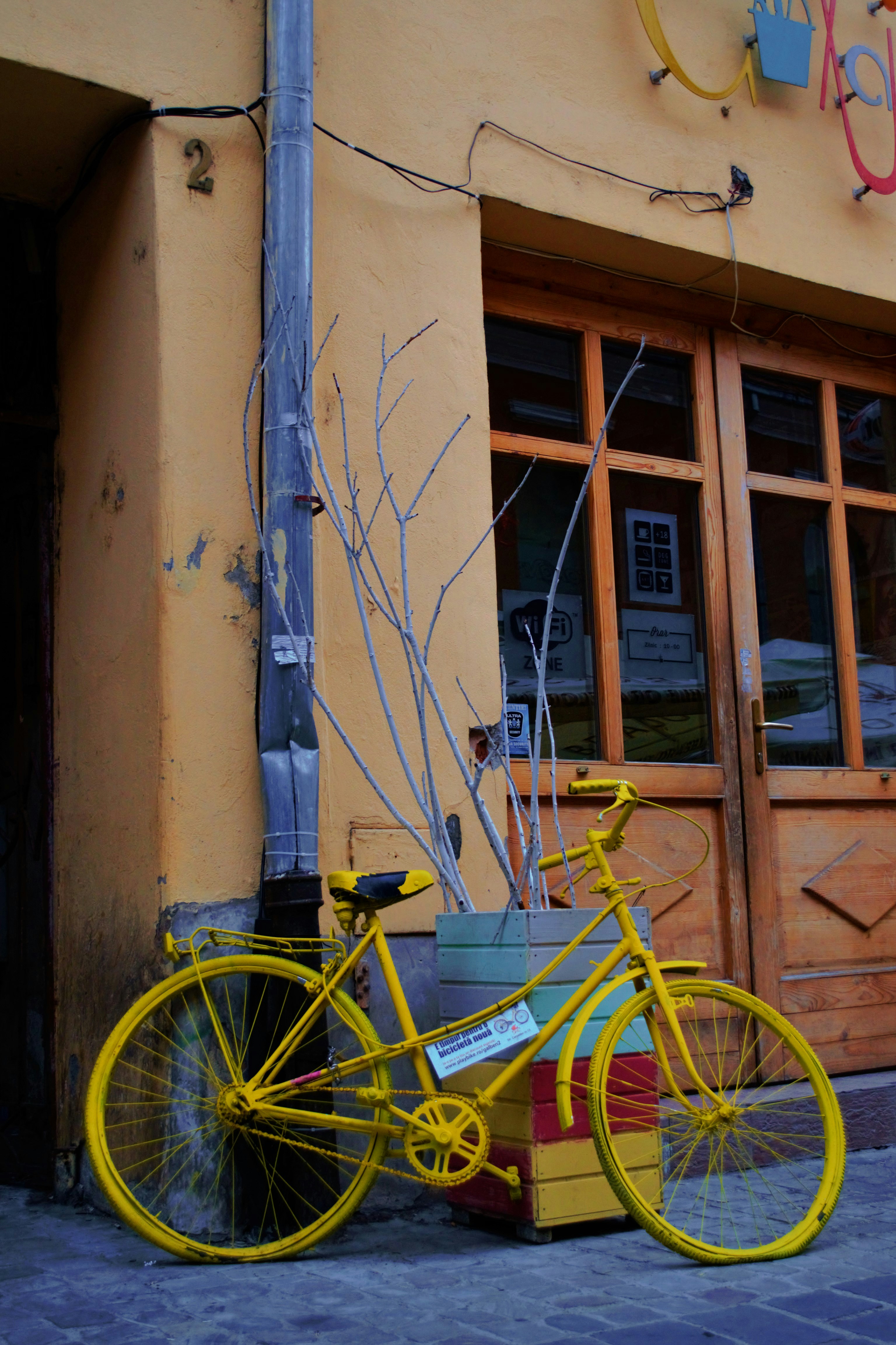 A vibrant yellow bicycle adorned with bare branches stands against a warm-toned wall, inviting curiosity in an urban setting.