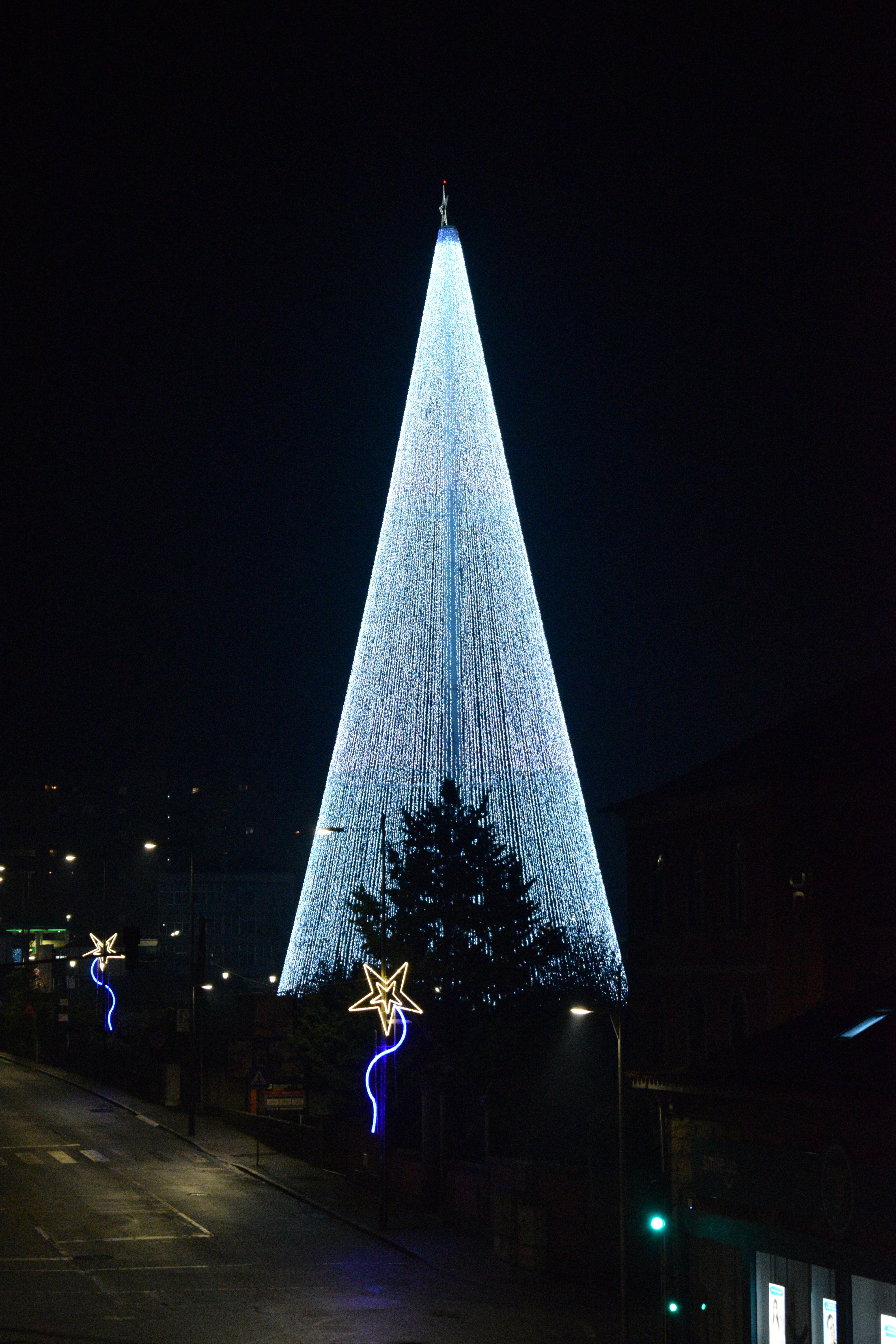 Blue-Illuminated Cone: Night-Time Christmas Tree Dominates the Quiet Street