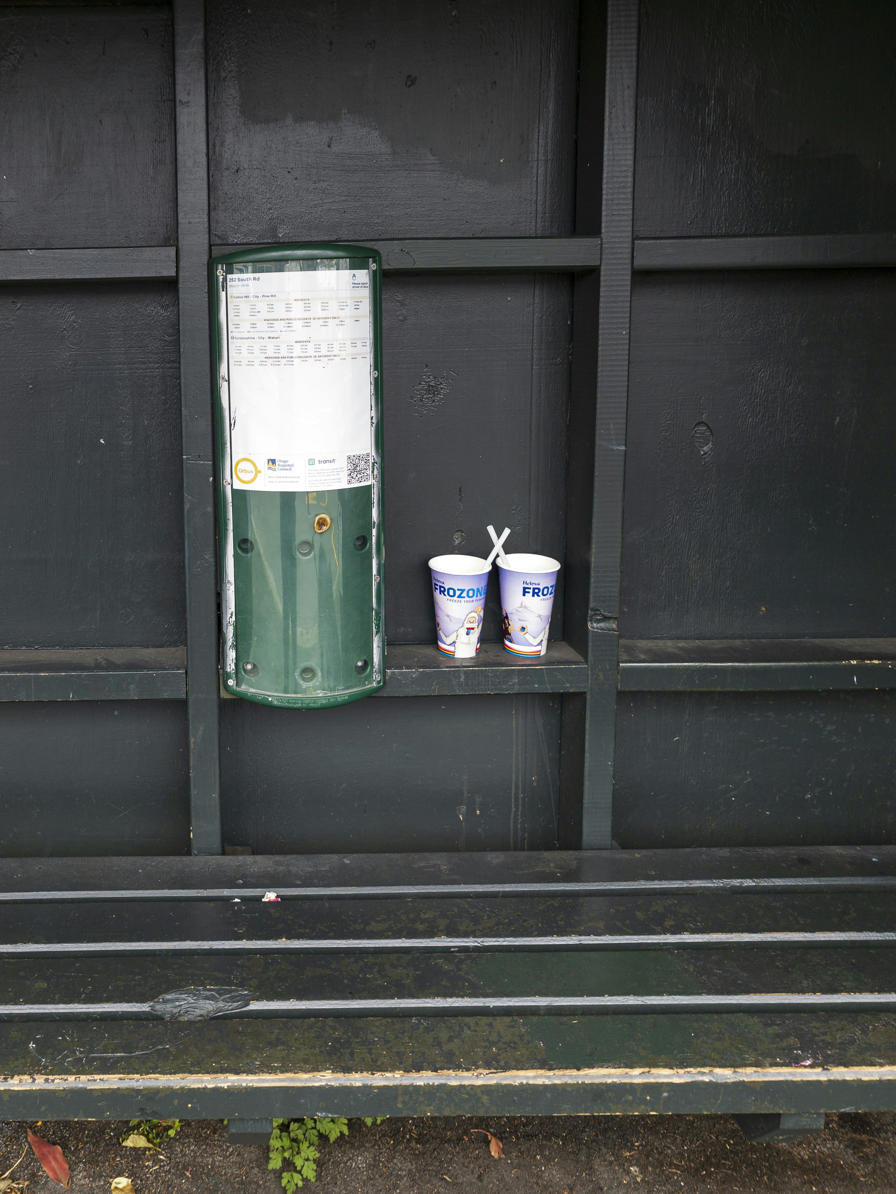 Slim Green Canister and Frozen Cups on a Weathered Bench Rail