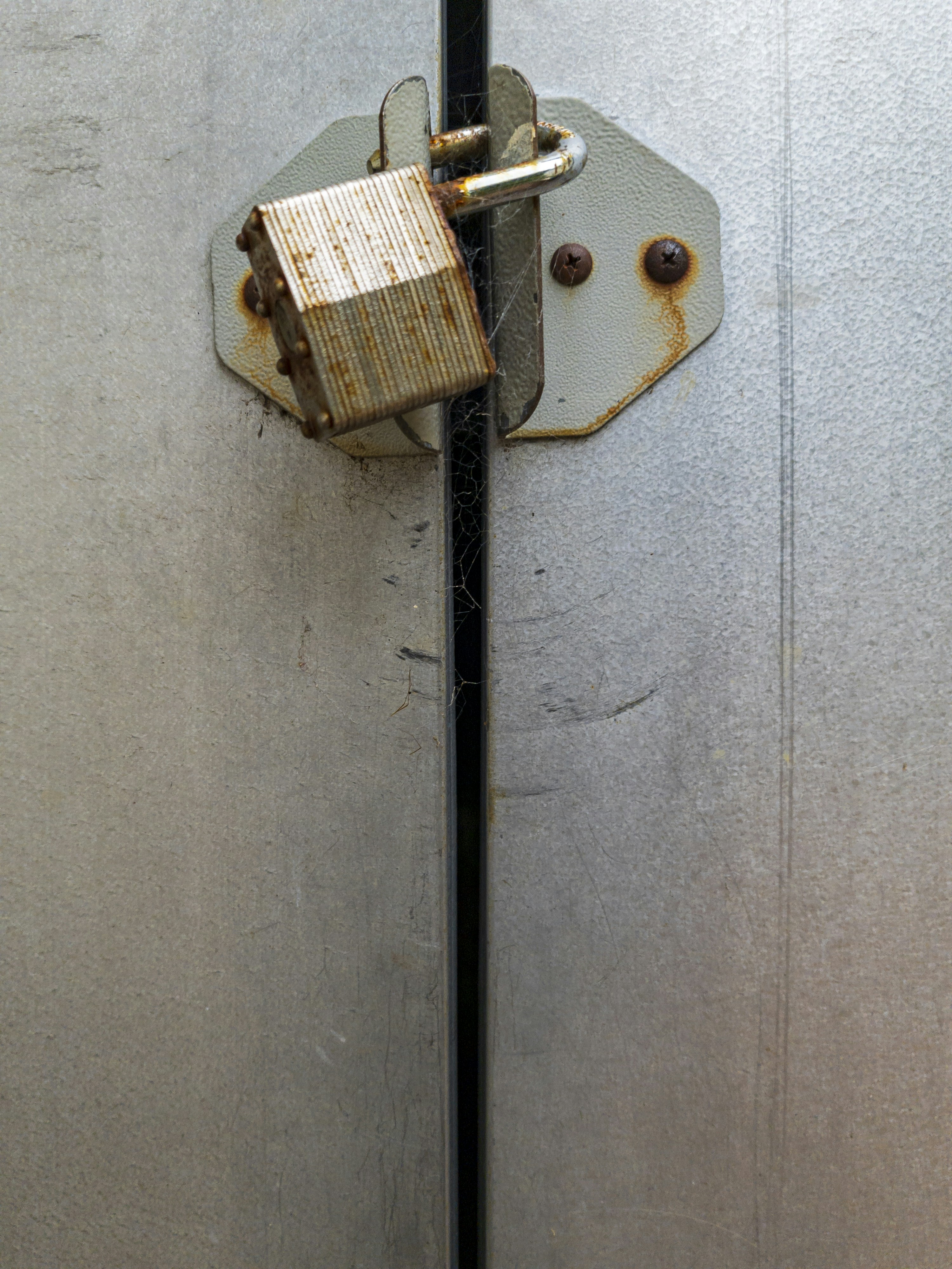 Rusty padlock secures a weathered metal door with a vertical seam and bolts. The close-up emphasizes texture and industrial tones against the cool metal surface.