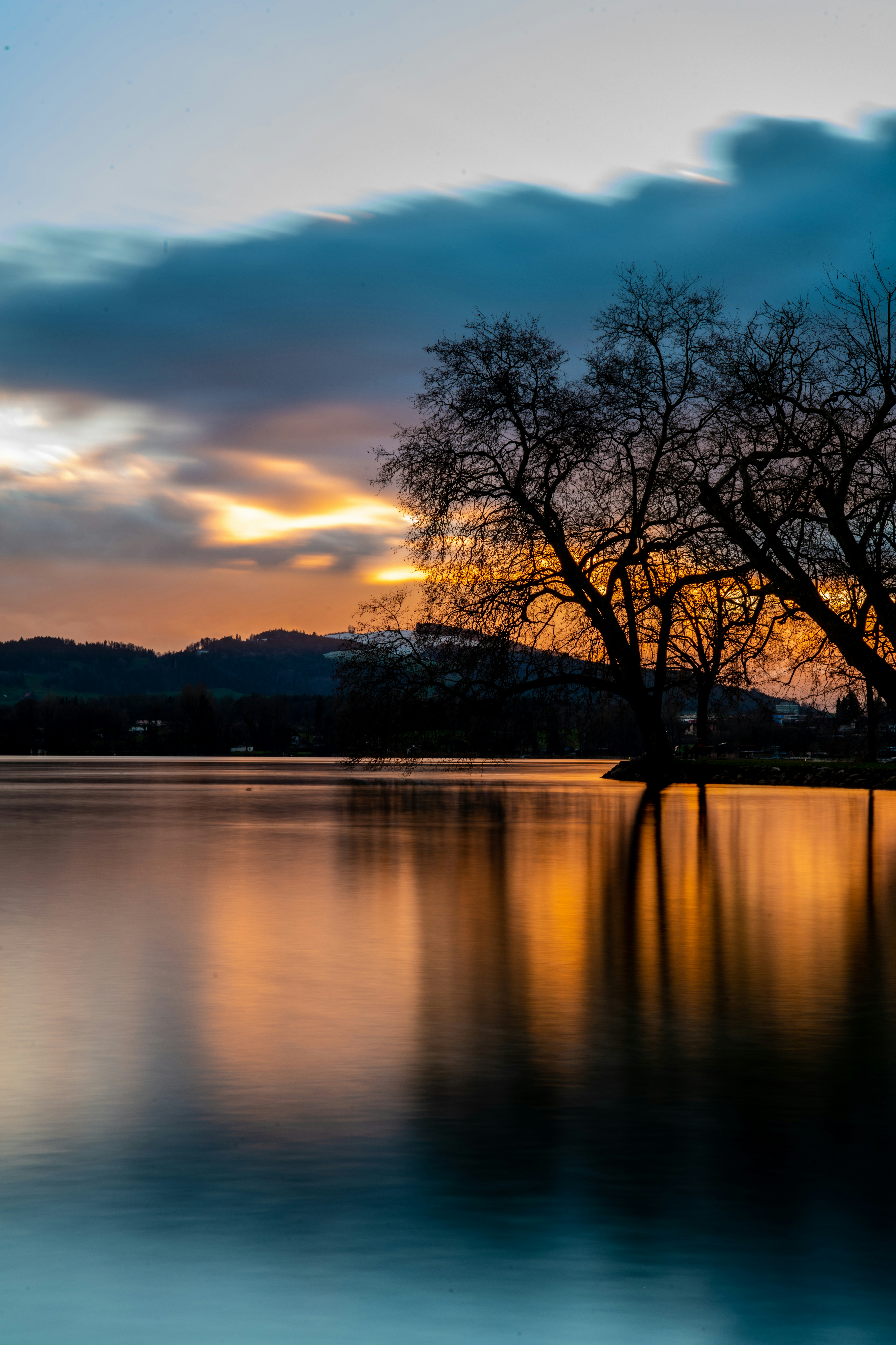 Lone Tree at Dusk Casting Golden Echoes Across a Glassy Lake