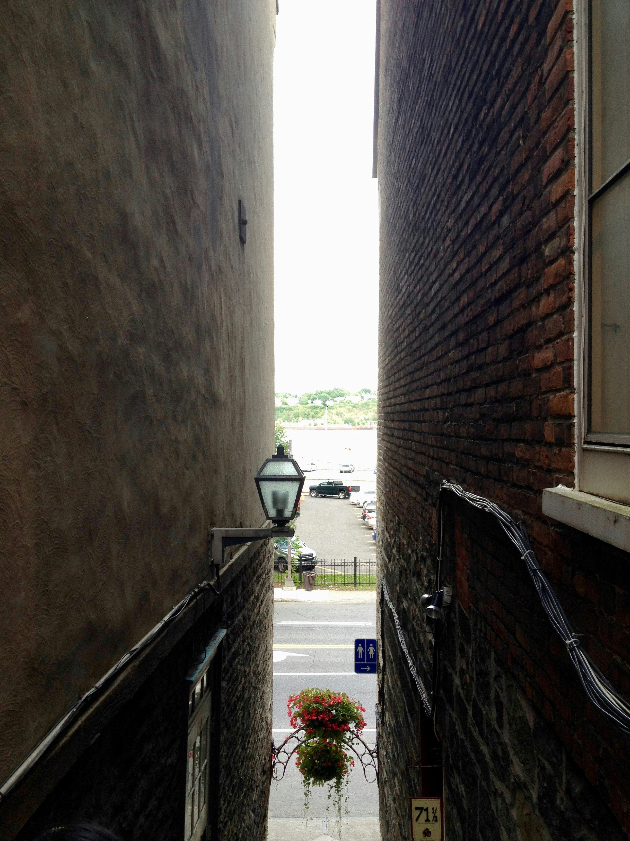 an alley way with a lamp post and flowers