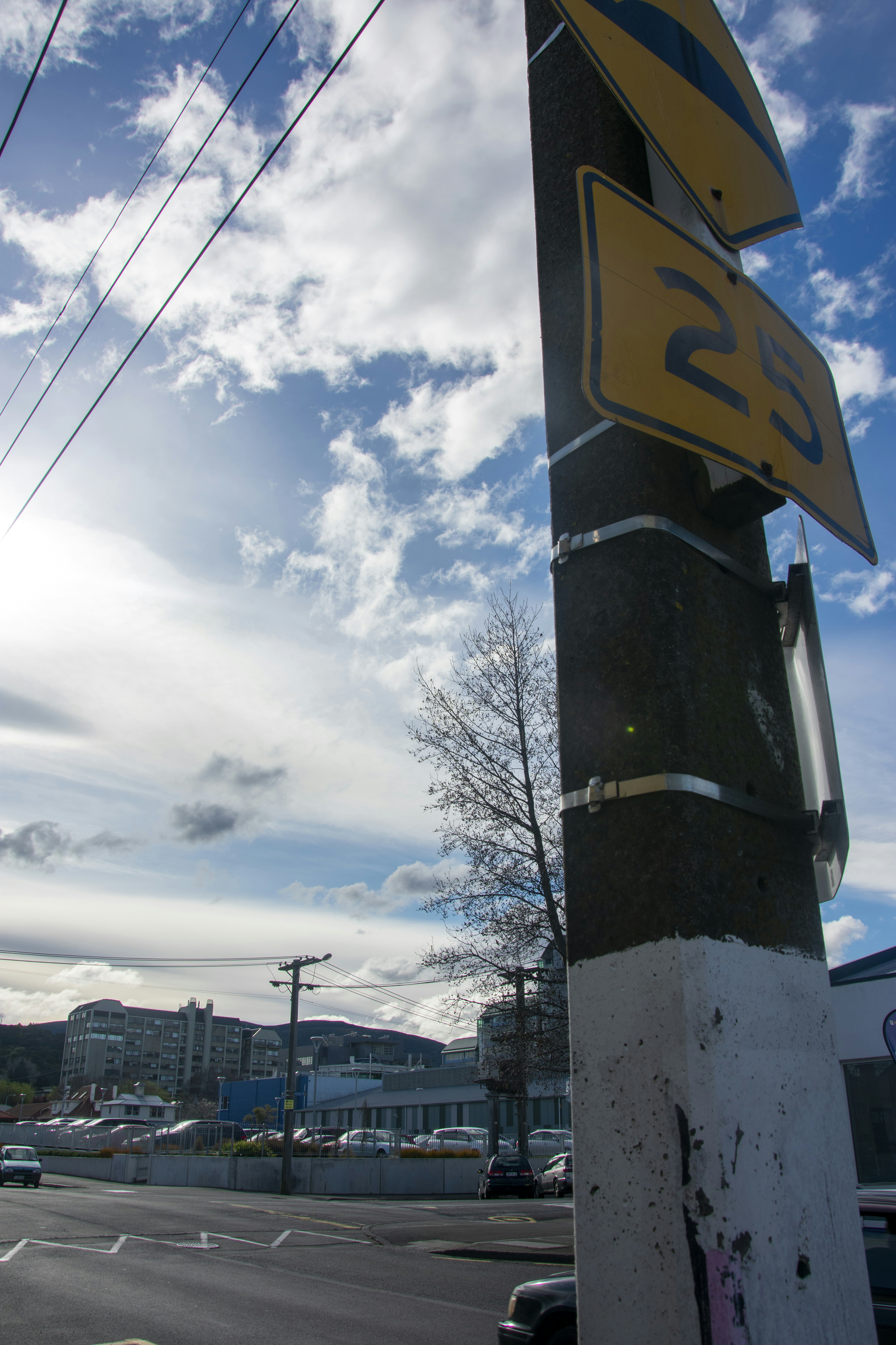 Vertical Signpost Ascends Against a Patchwork Skyline