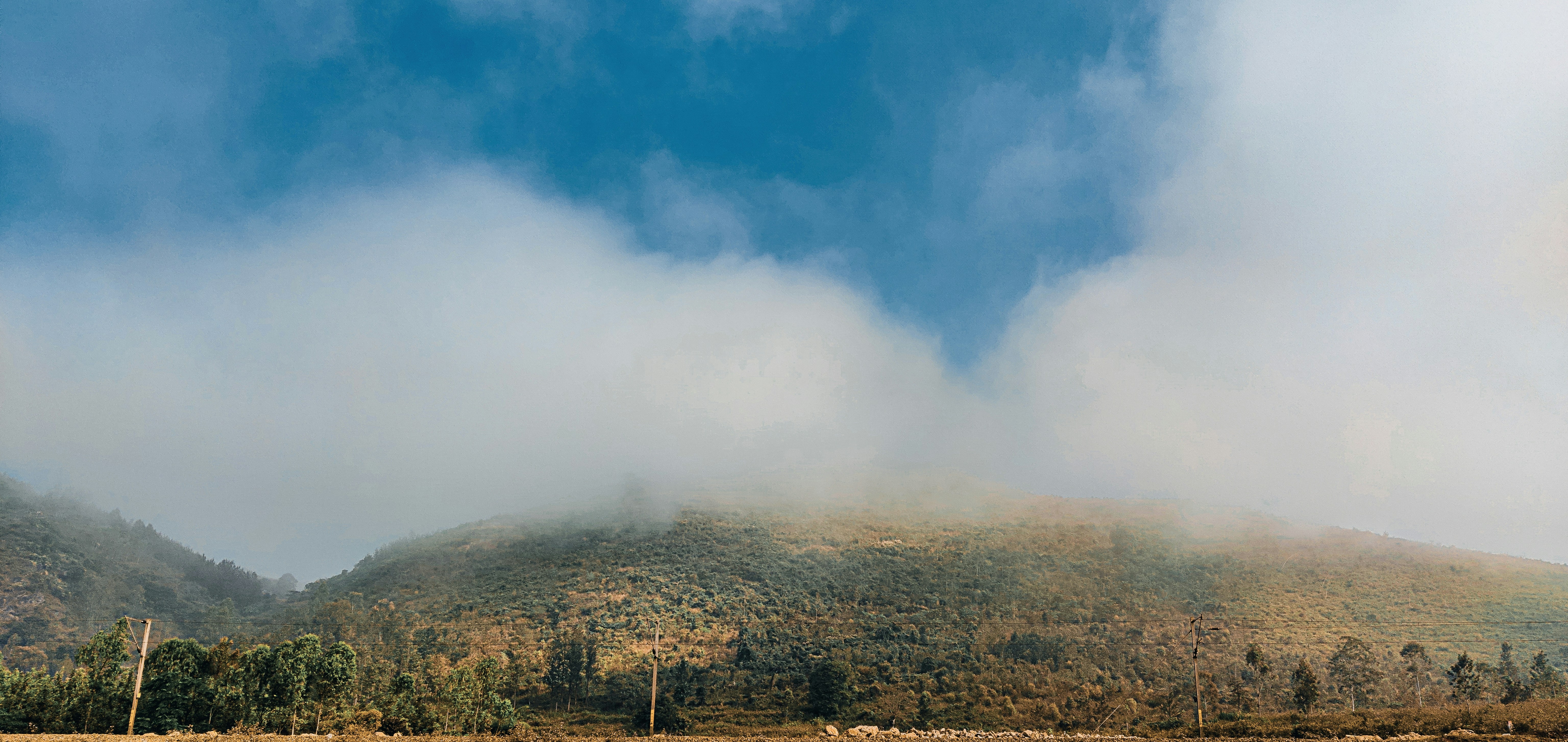 Fog envelops rolling hills under a bright blue sky, creating a serene landscape that invites contemplation.