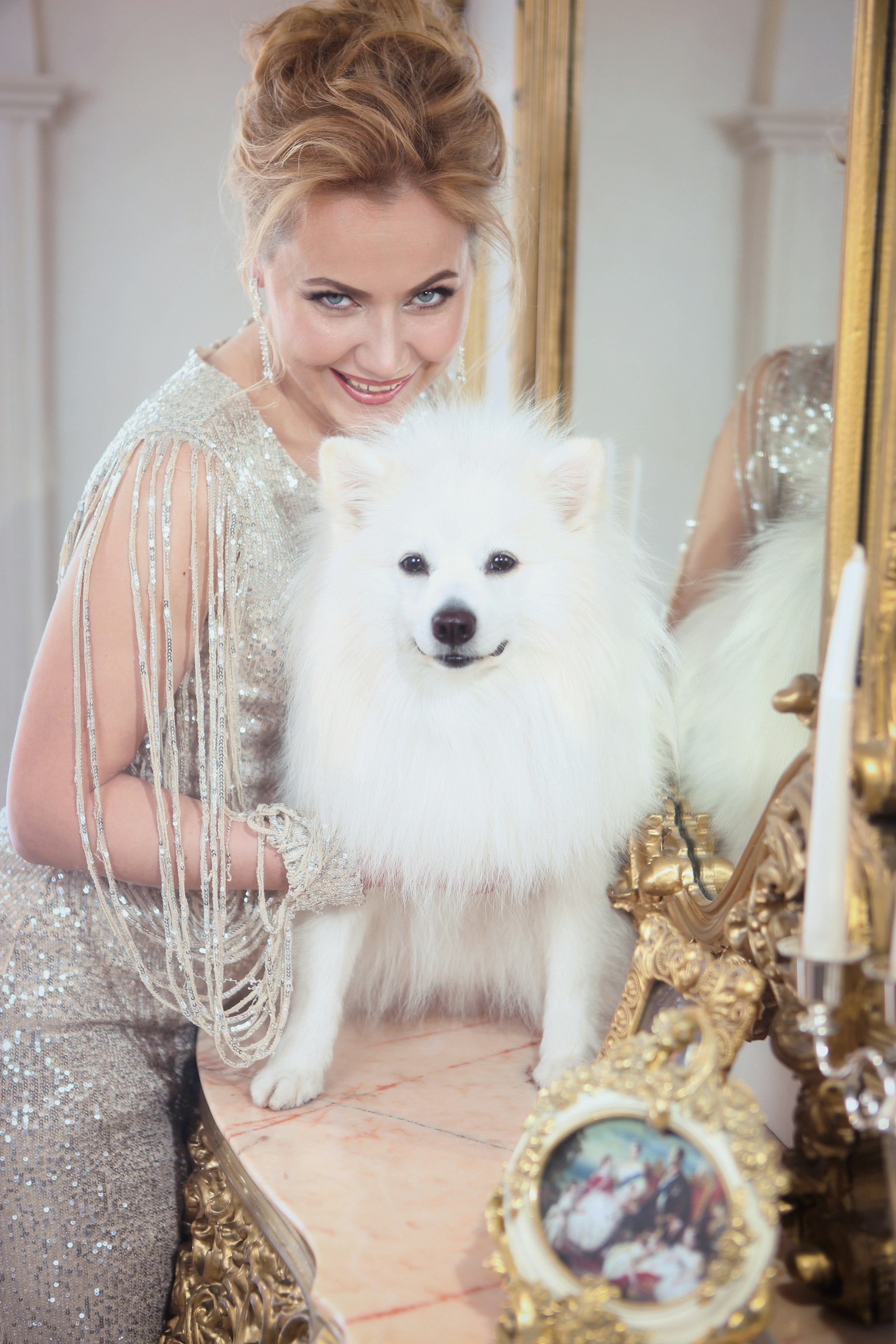 Gilded Vanity Portrait: Sparkle, Silk, and a Snowy Companion