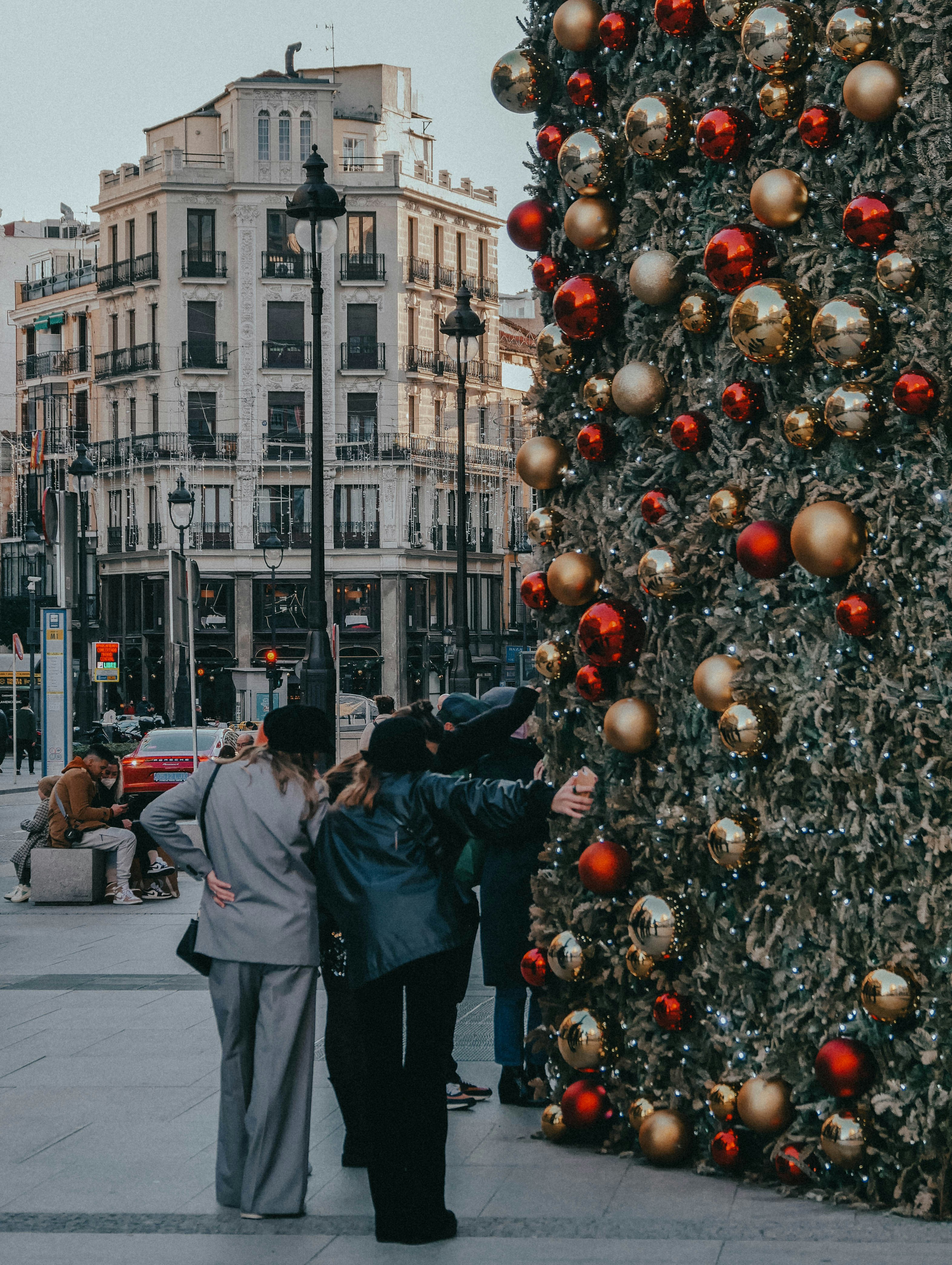 Urban Christmas Luminescence: People and a Monumental Tree in a European Square
