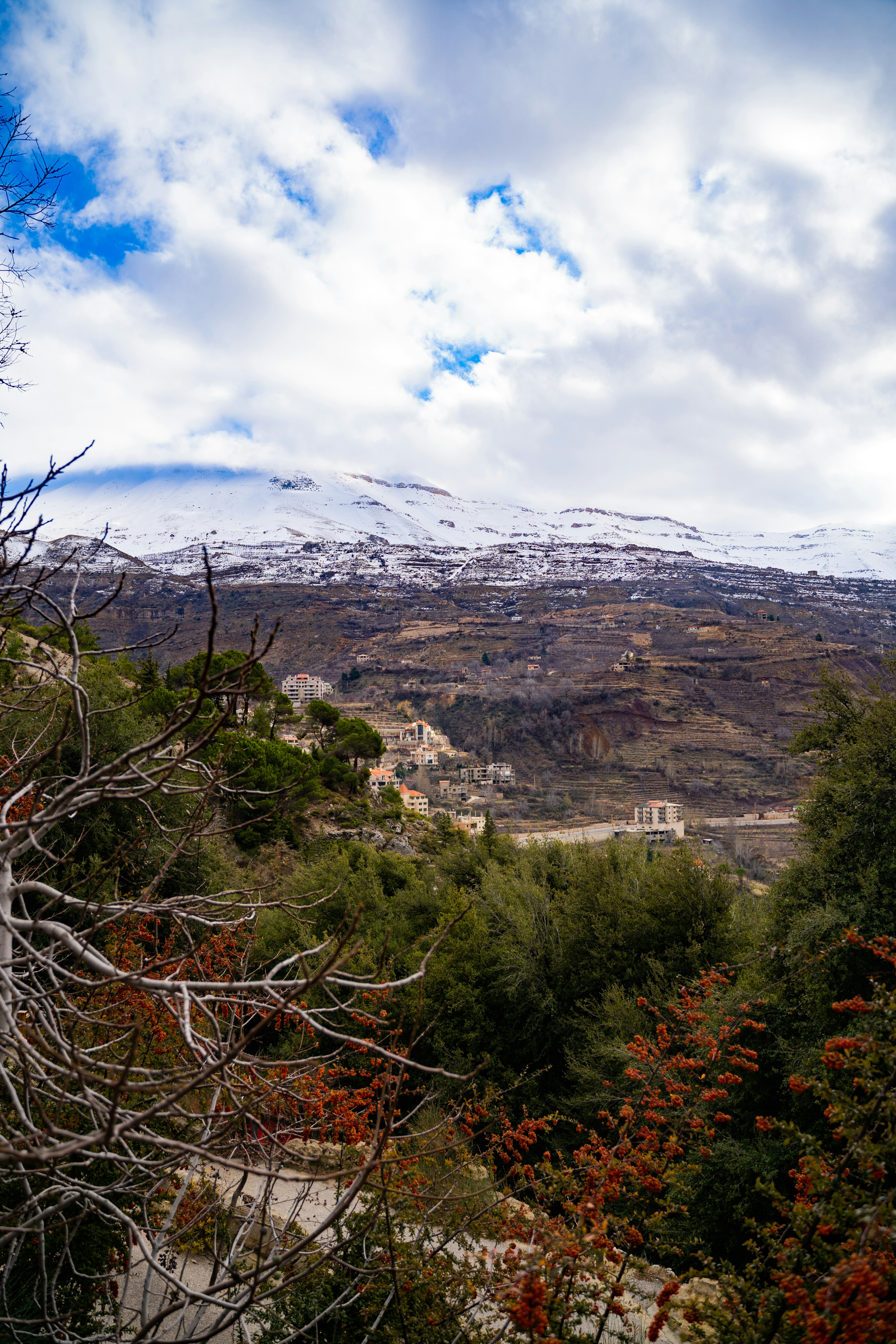 Snow-capped Ridge Overlooking a Village