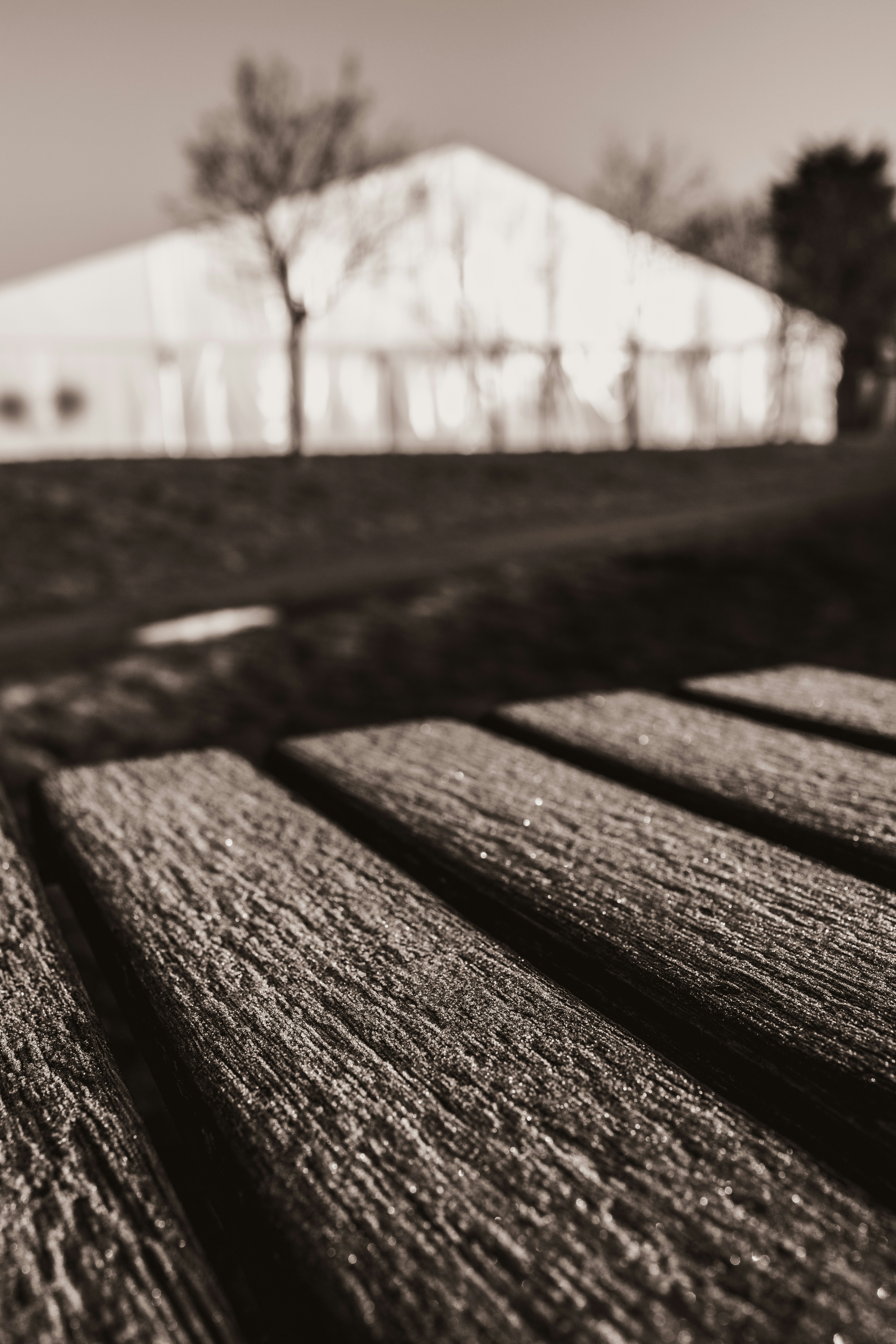 Weathered planks in sharp focus with distant tent-like structure
