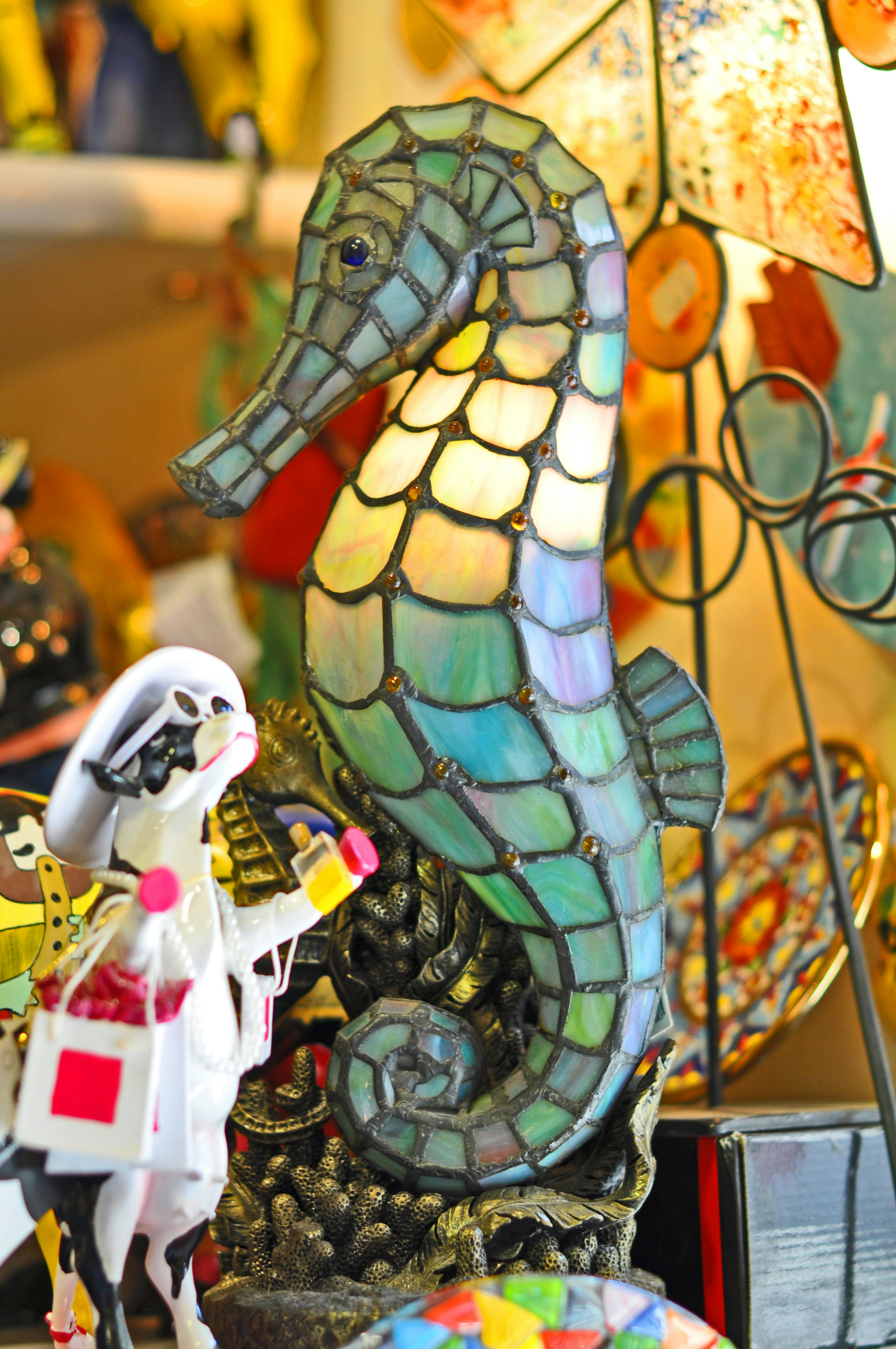 Emerald-Tiled Seahorse Lantern in a Kaleidoscopic Display