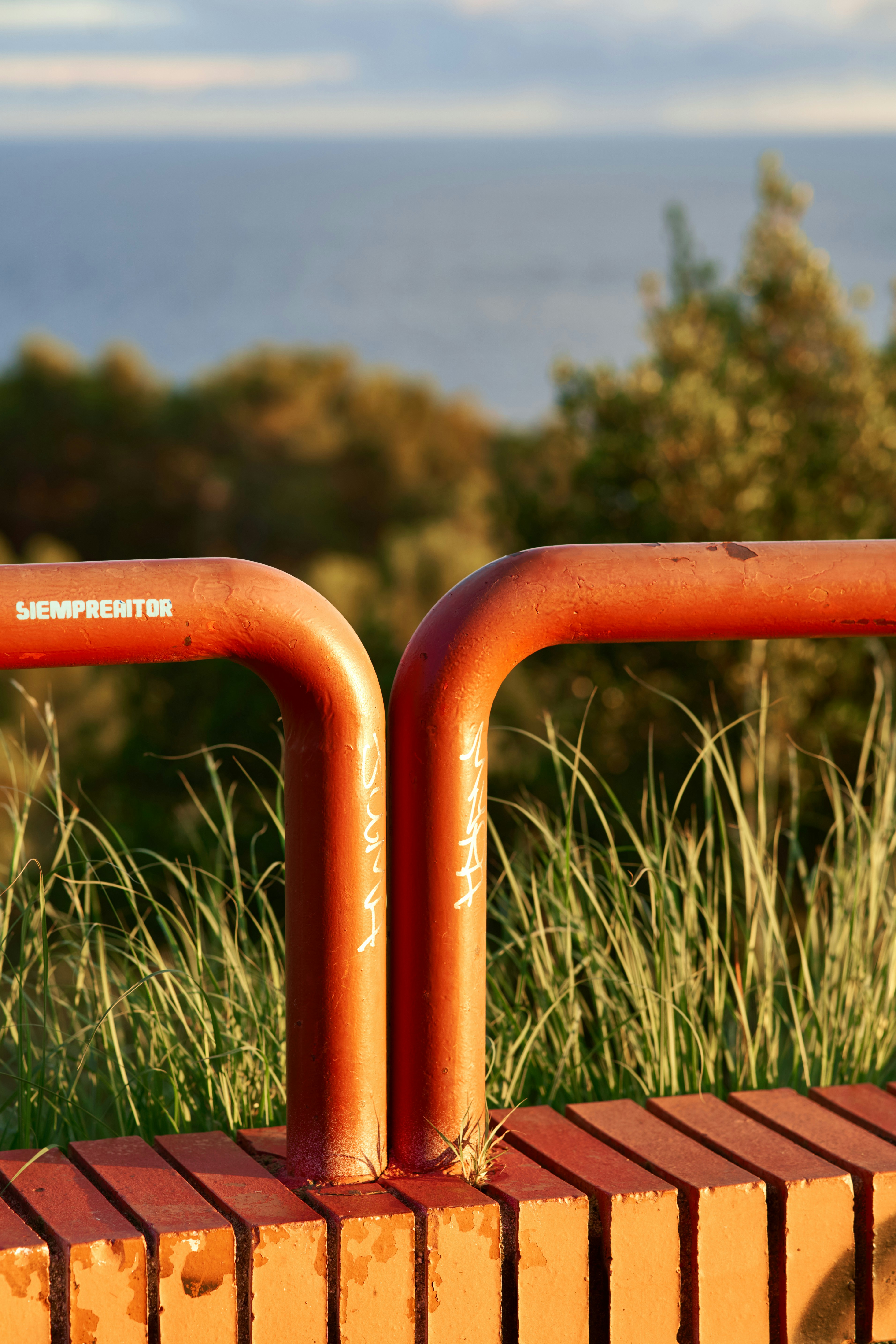 Two Orange Rails Framing a Distant Seascape