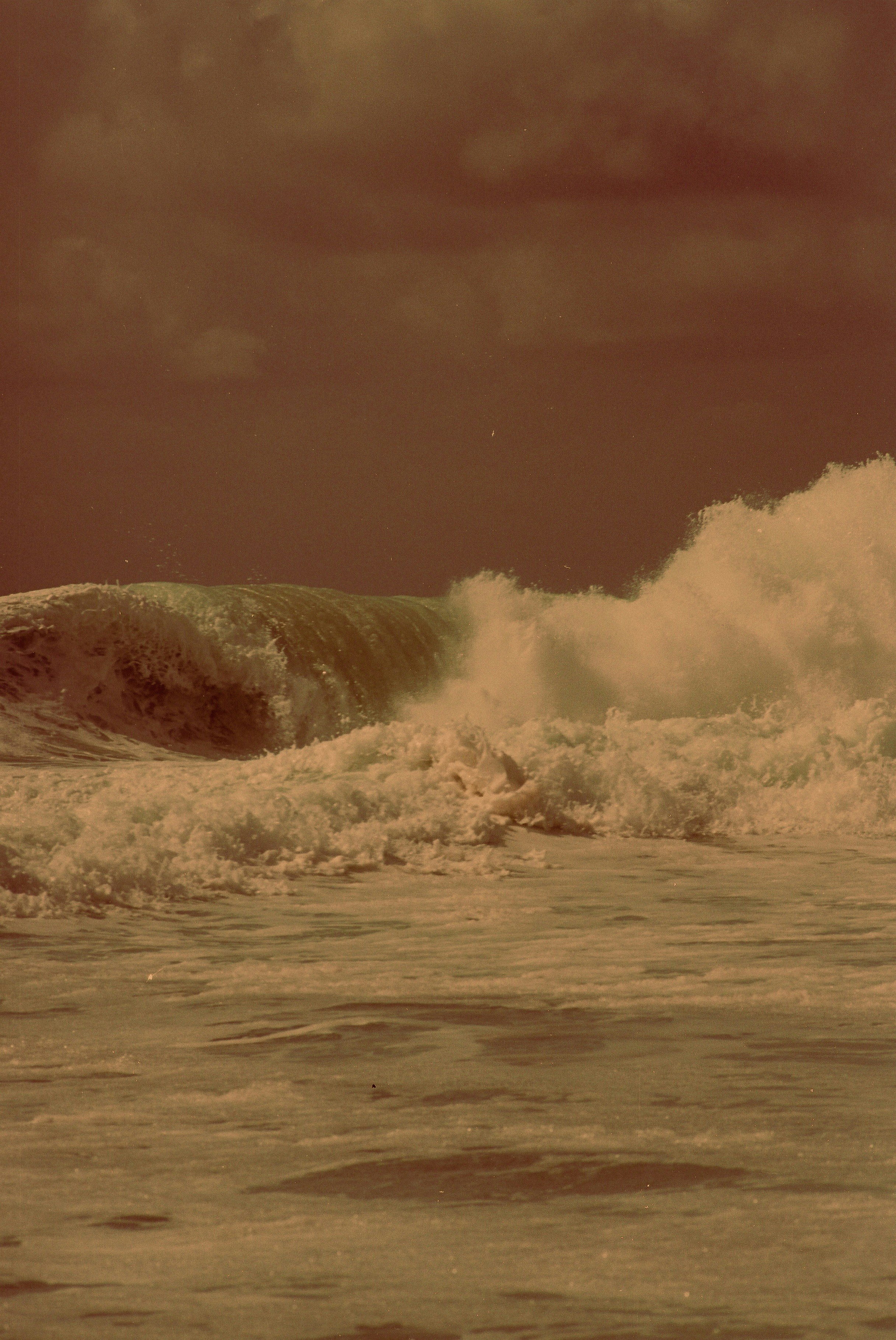 Muted Golden Moment: Surf and Foam Beneath a Dusk-Colored Sky