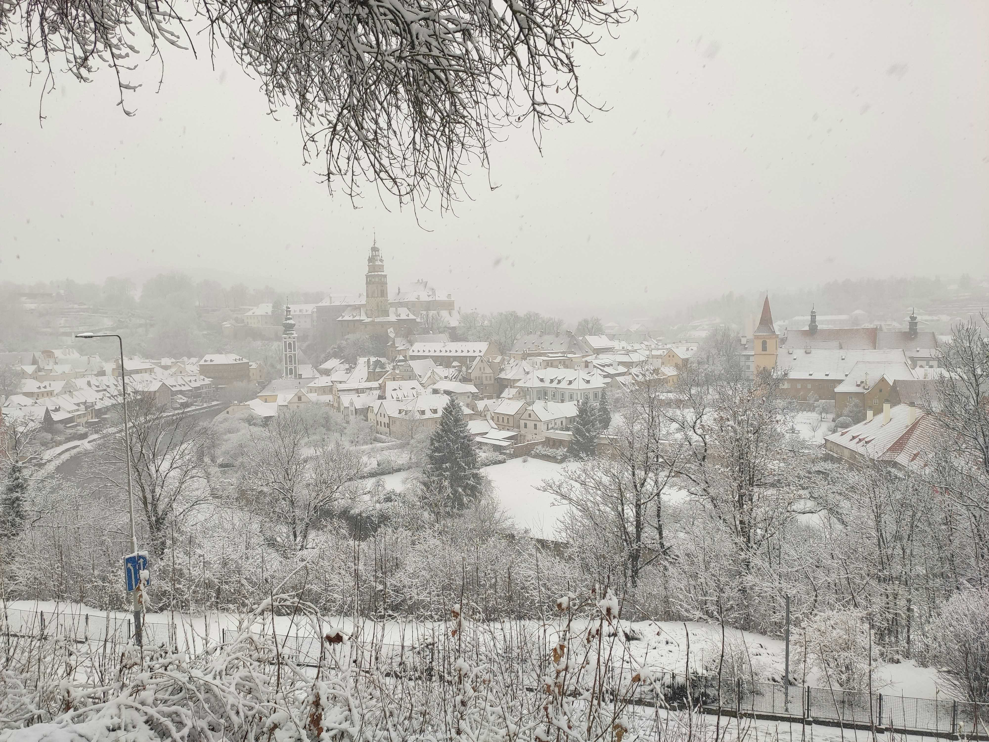 Snowbound village with church towers sits beneath a pale, overcast sky; foreground reveals snow-laden trees and a quiet hillside.