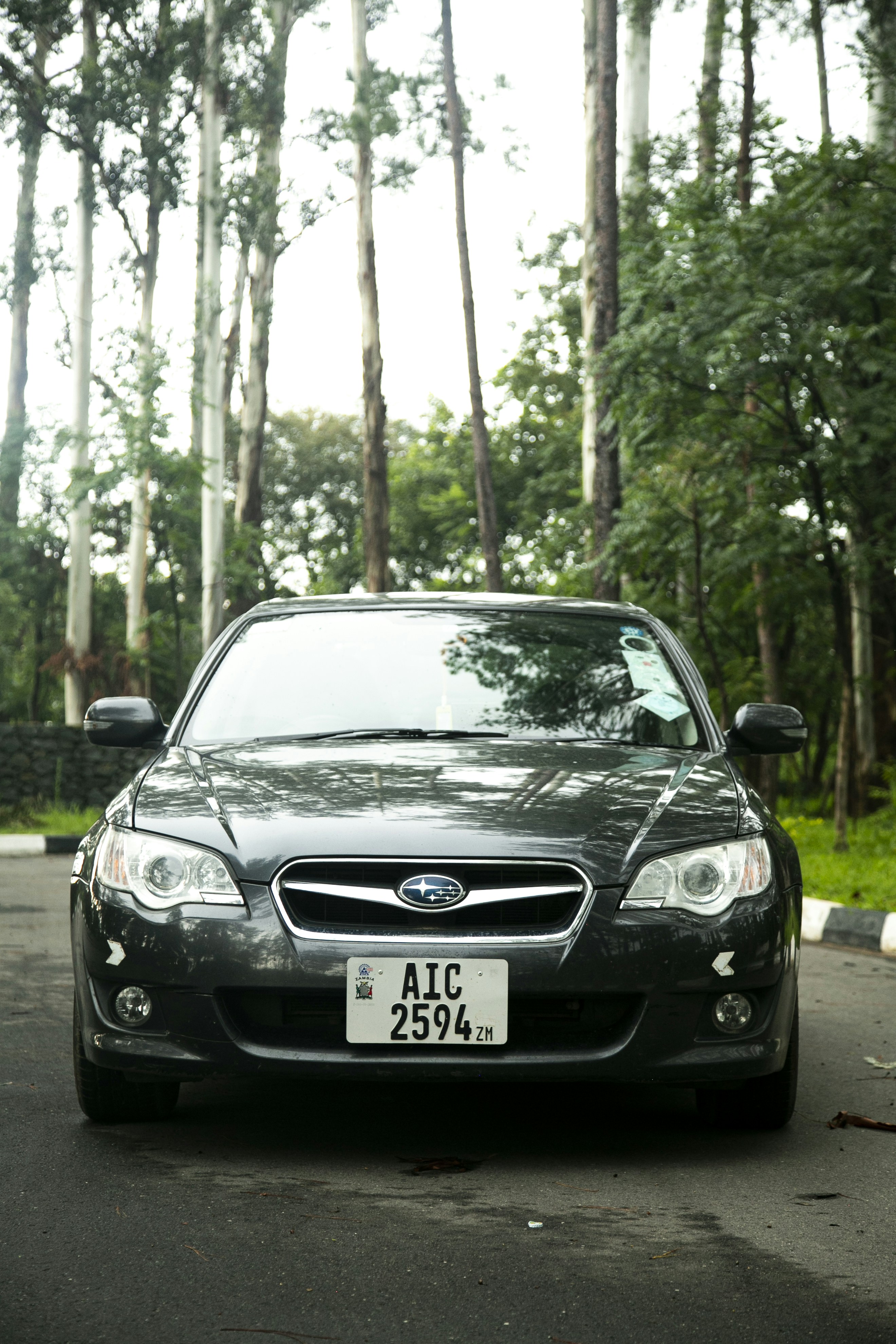 Front view of a dark Subaru Legacy B4 parked on a tree-lined road.