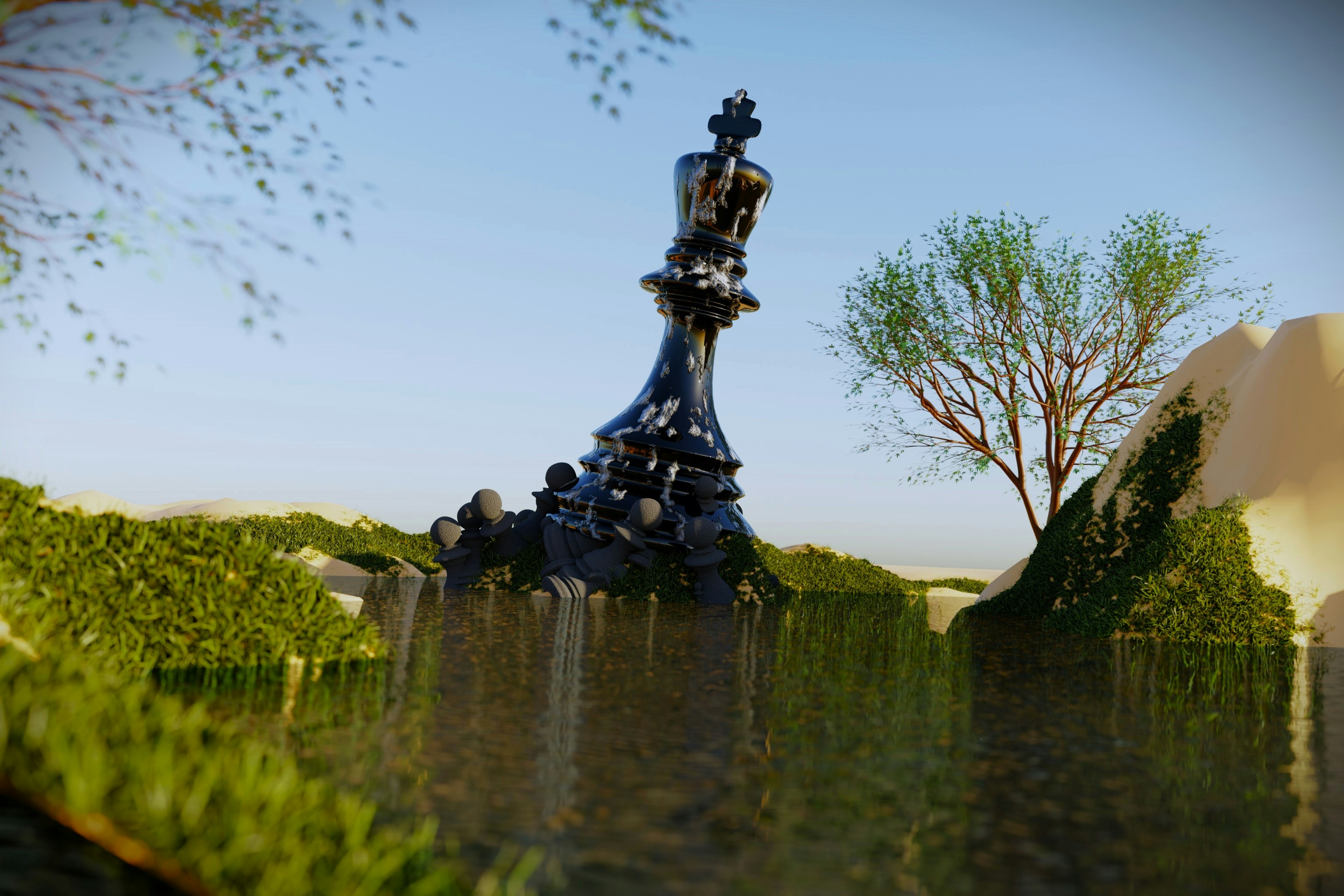 A statue of a chess piece in the middle of a pond photo – Free ...