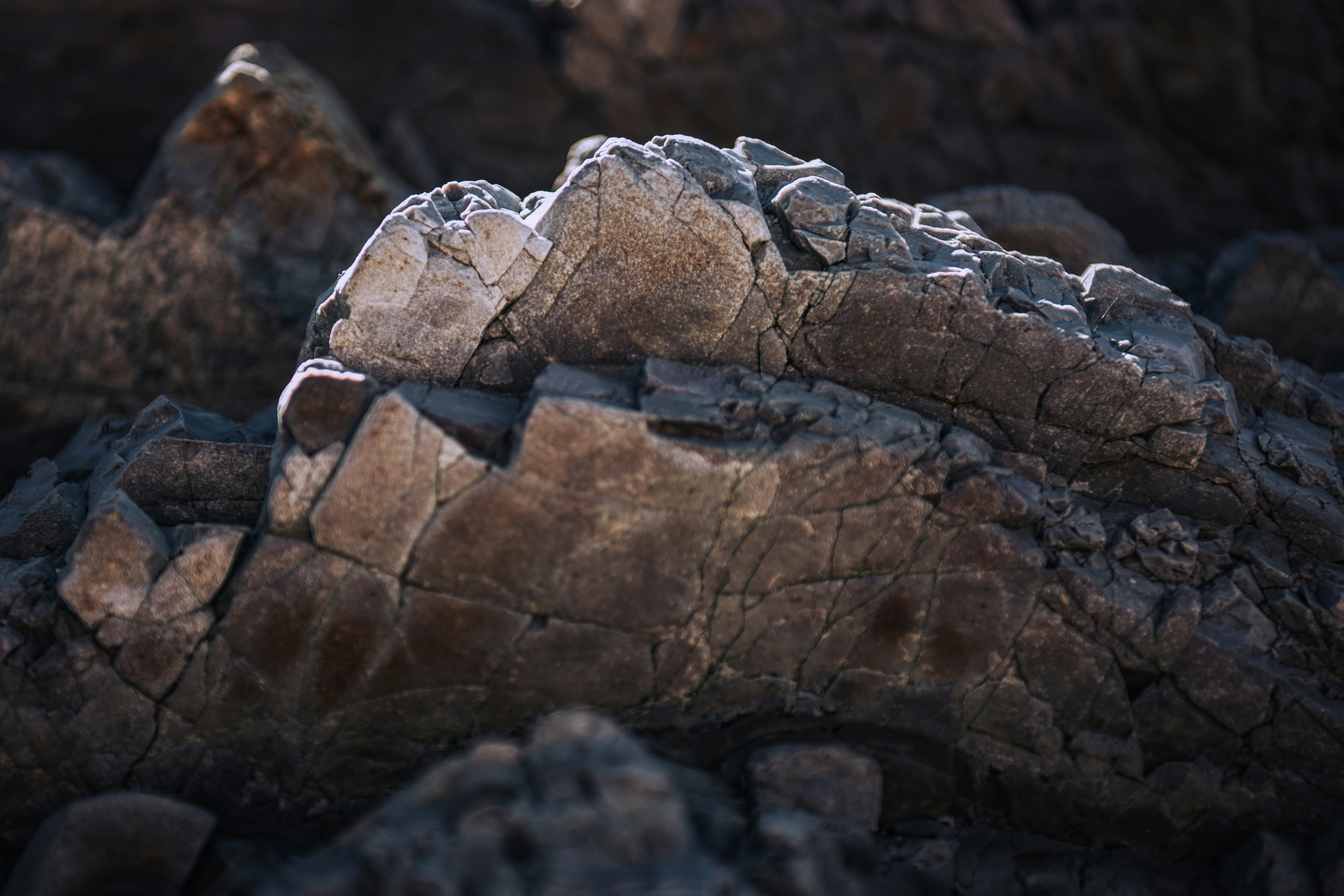 Intricate textures of weathered rock formations illuminated by soft light.