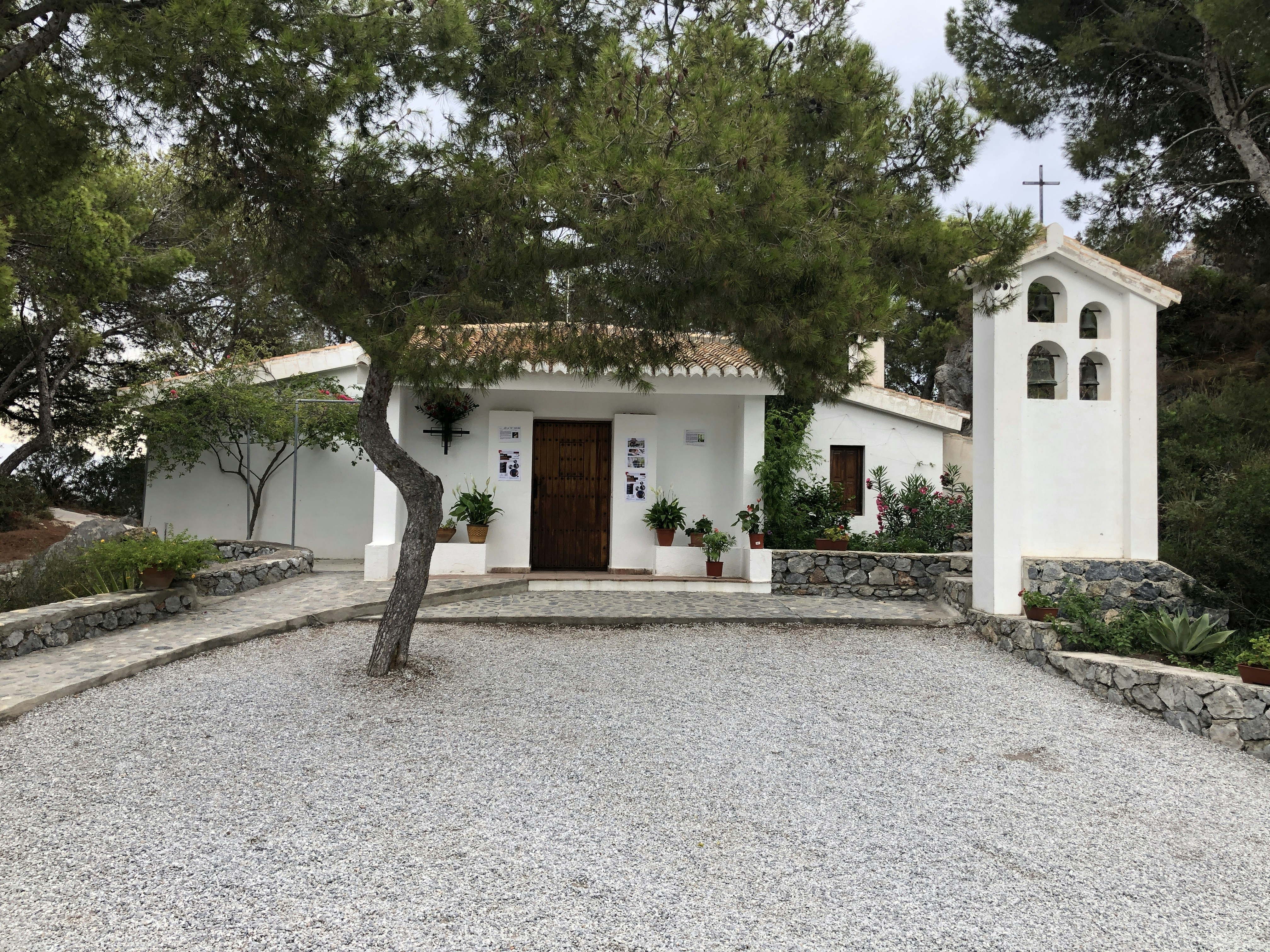 Charming white chapel nestled among trees, featuring a stone pathway and vibrant flower pots. A peaceful retreat in a natural setting.