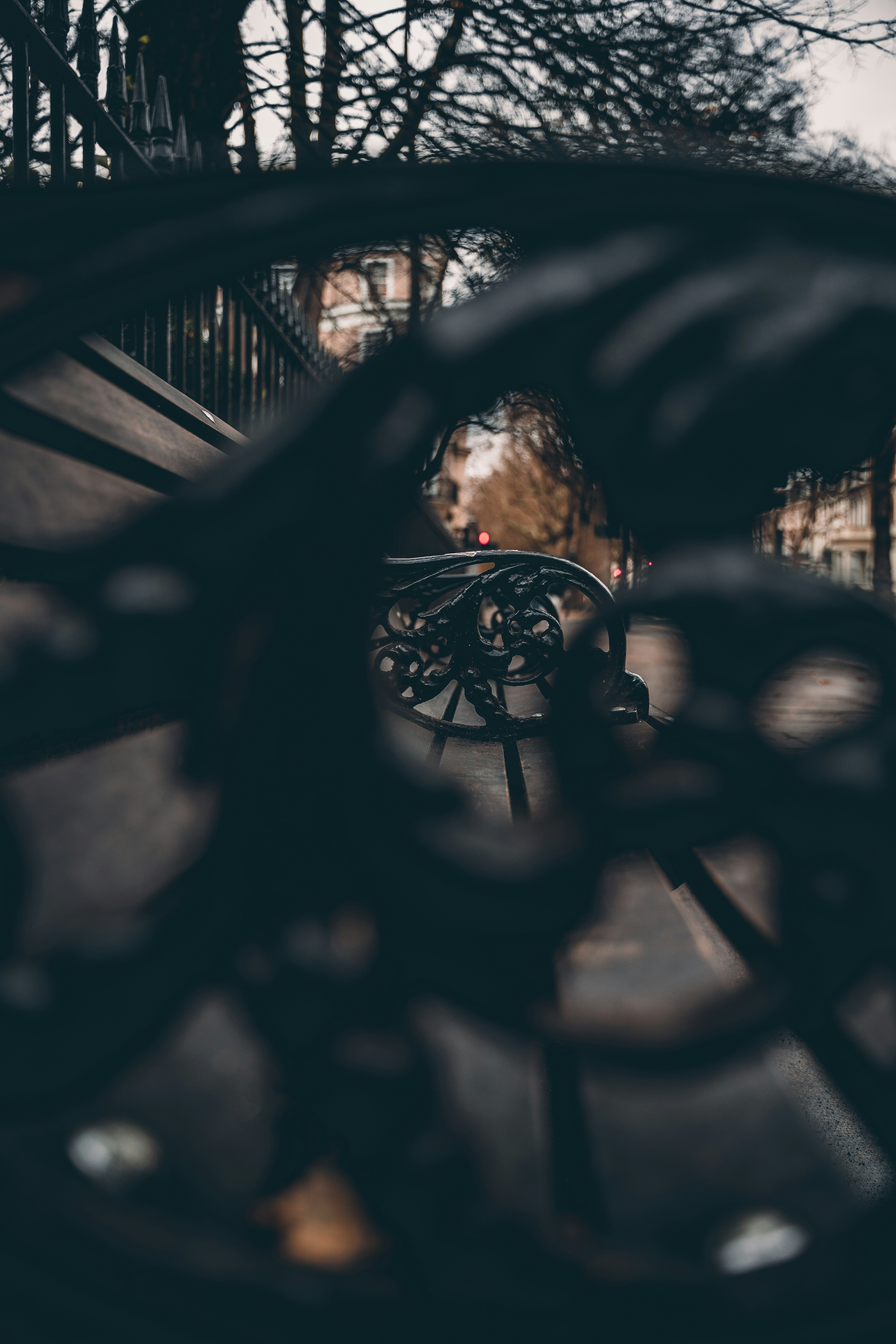 Through the Iron Lace: A Distant Red Light Framed by Foreground Circles