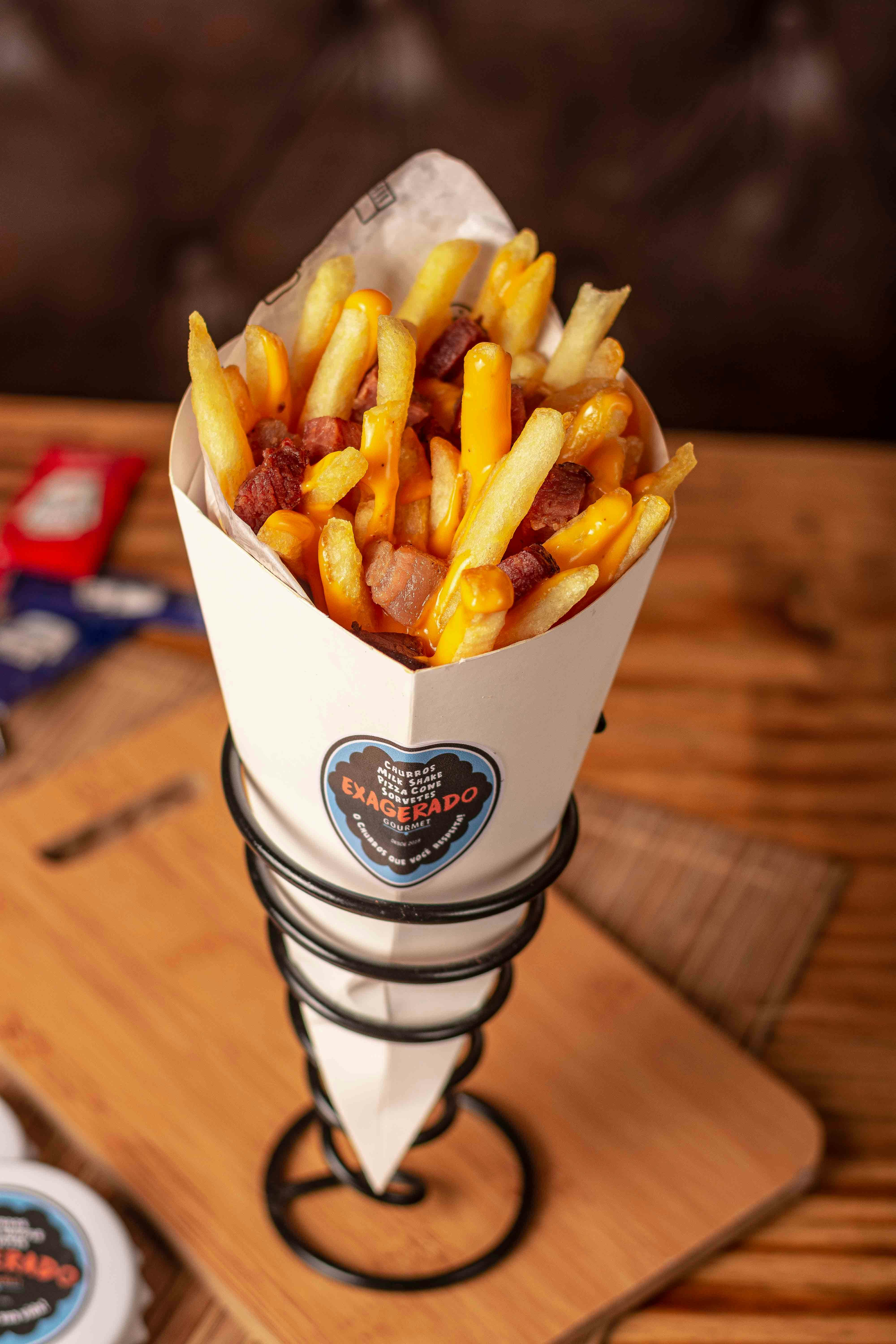 Cone of Crispy Golden Fries, Cheese and Bacon Crown