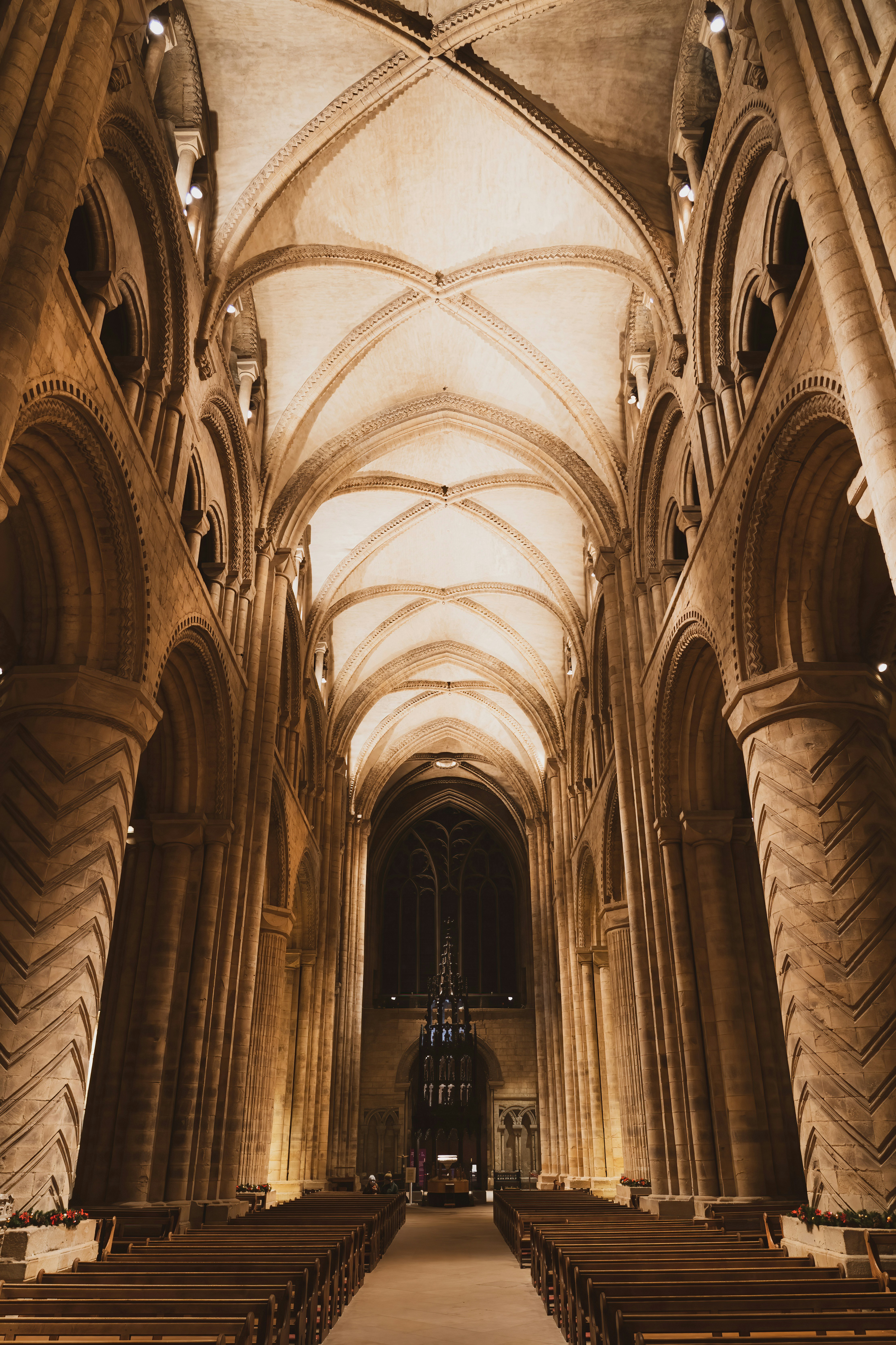 Interior of a grand Gothic cathedral showcasing intricate arches and soft lighting, leading toward a beautifully adorned altar.