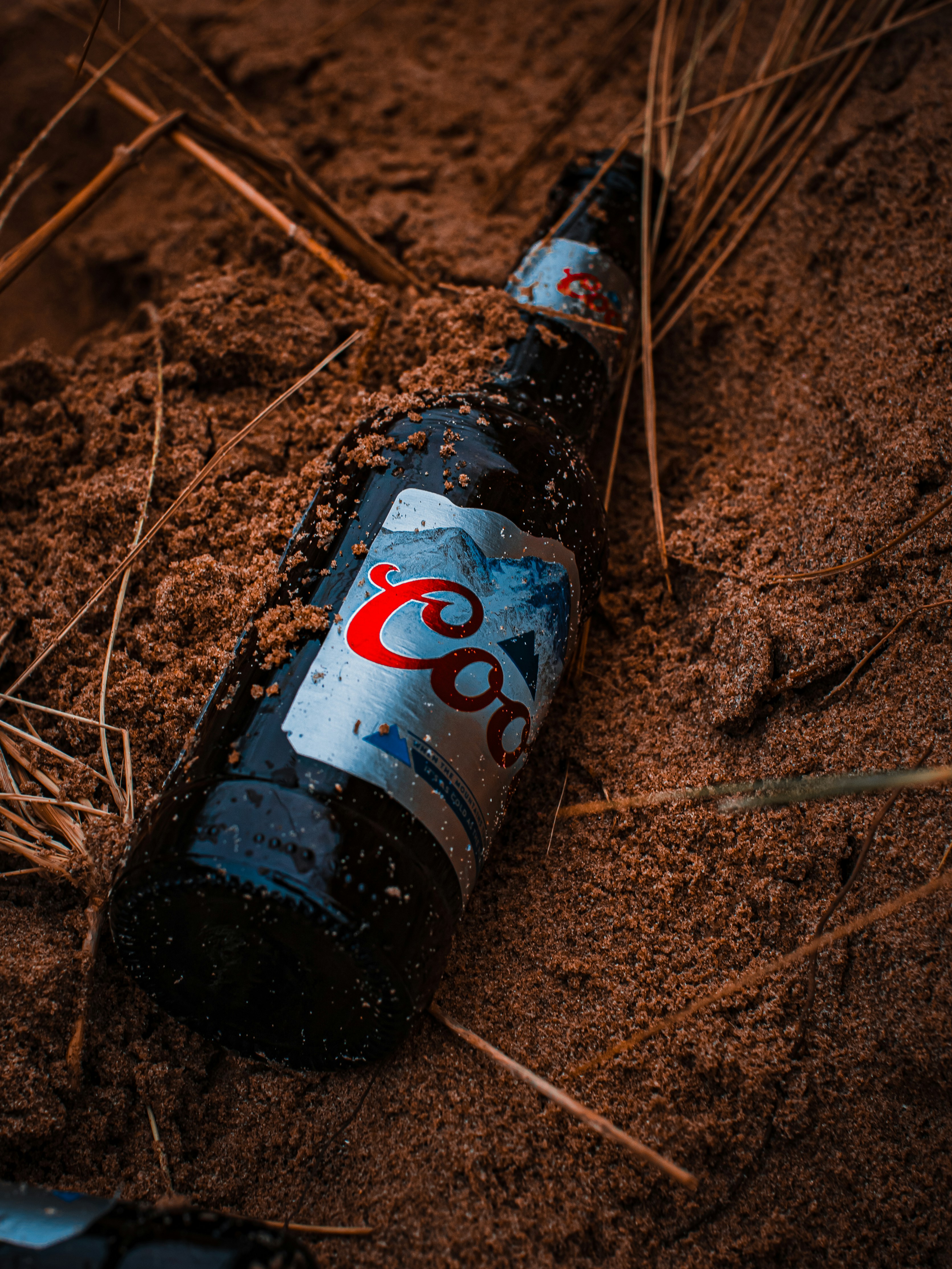 Half-Buried Beer Bottle in a Crimson Desert Sand