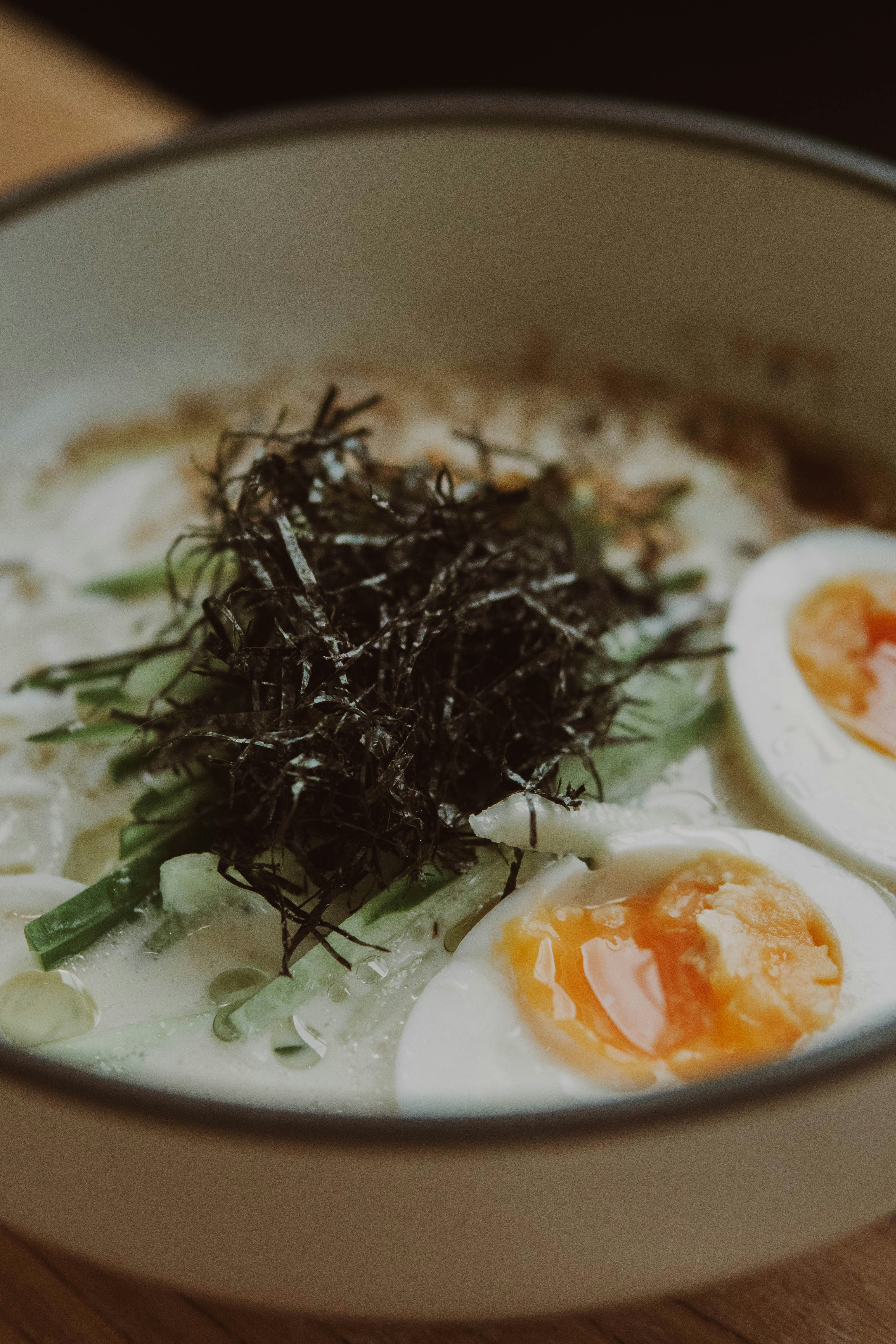 Seaweed Crown Over Creamy Ramen with Halved Eggs