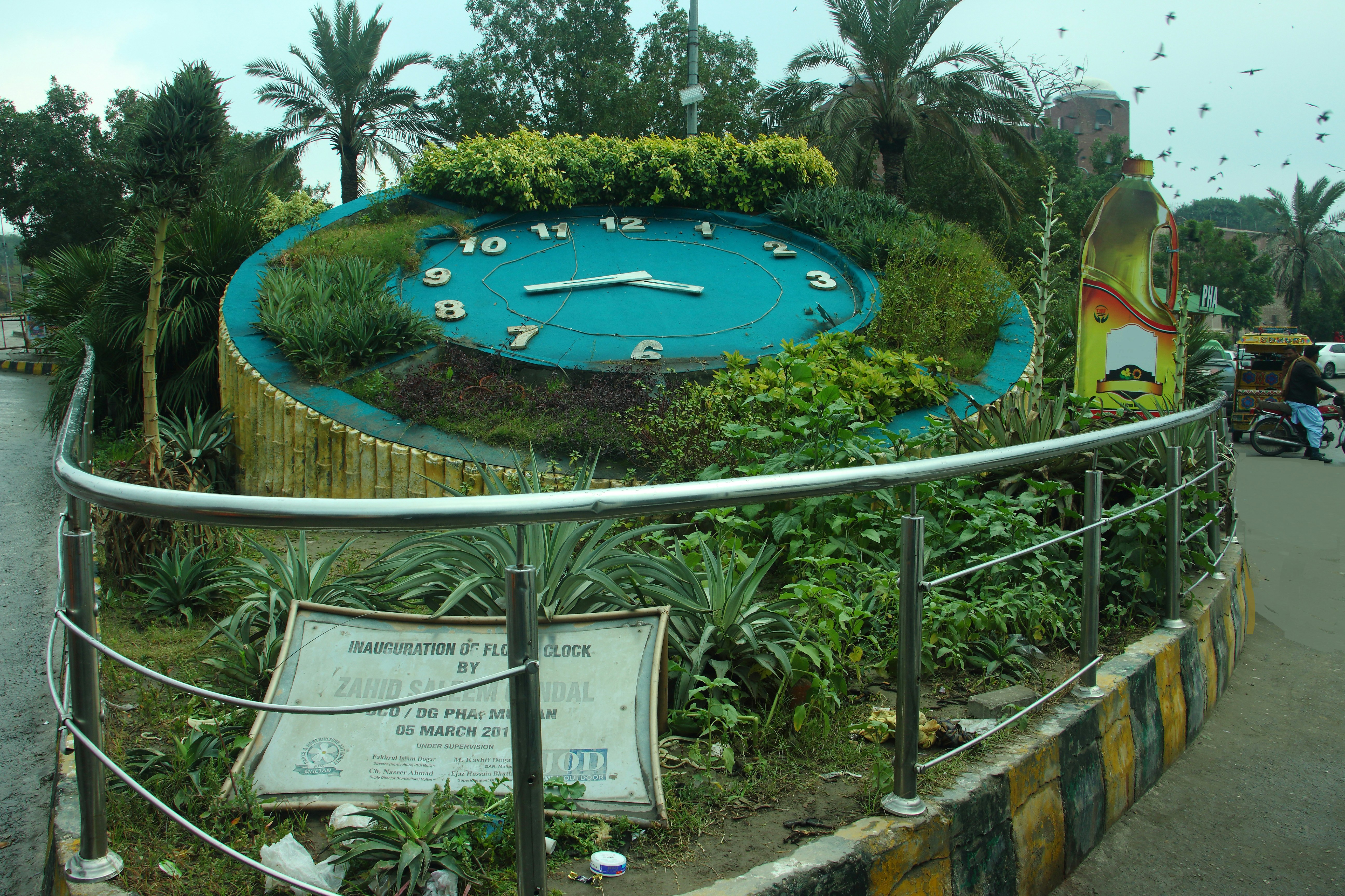 Large blue clock integrated into a landscaped roadside garden surrounded by palm trees.