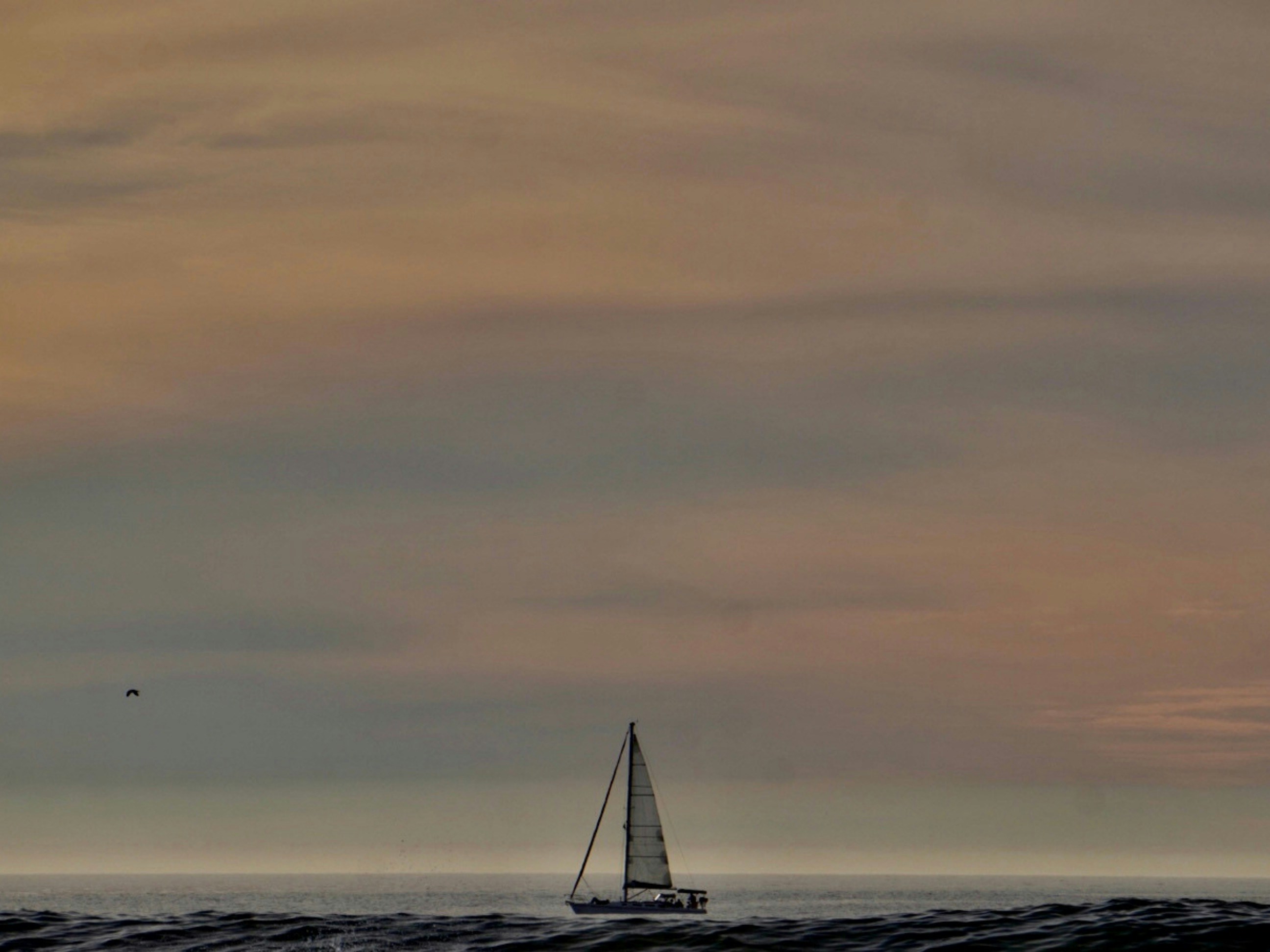 Sailboat gliding across a tranquil sea under a pastel sky at dusk.