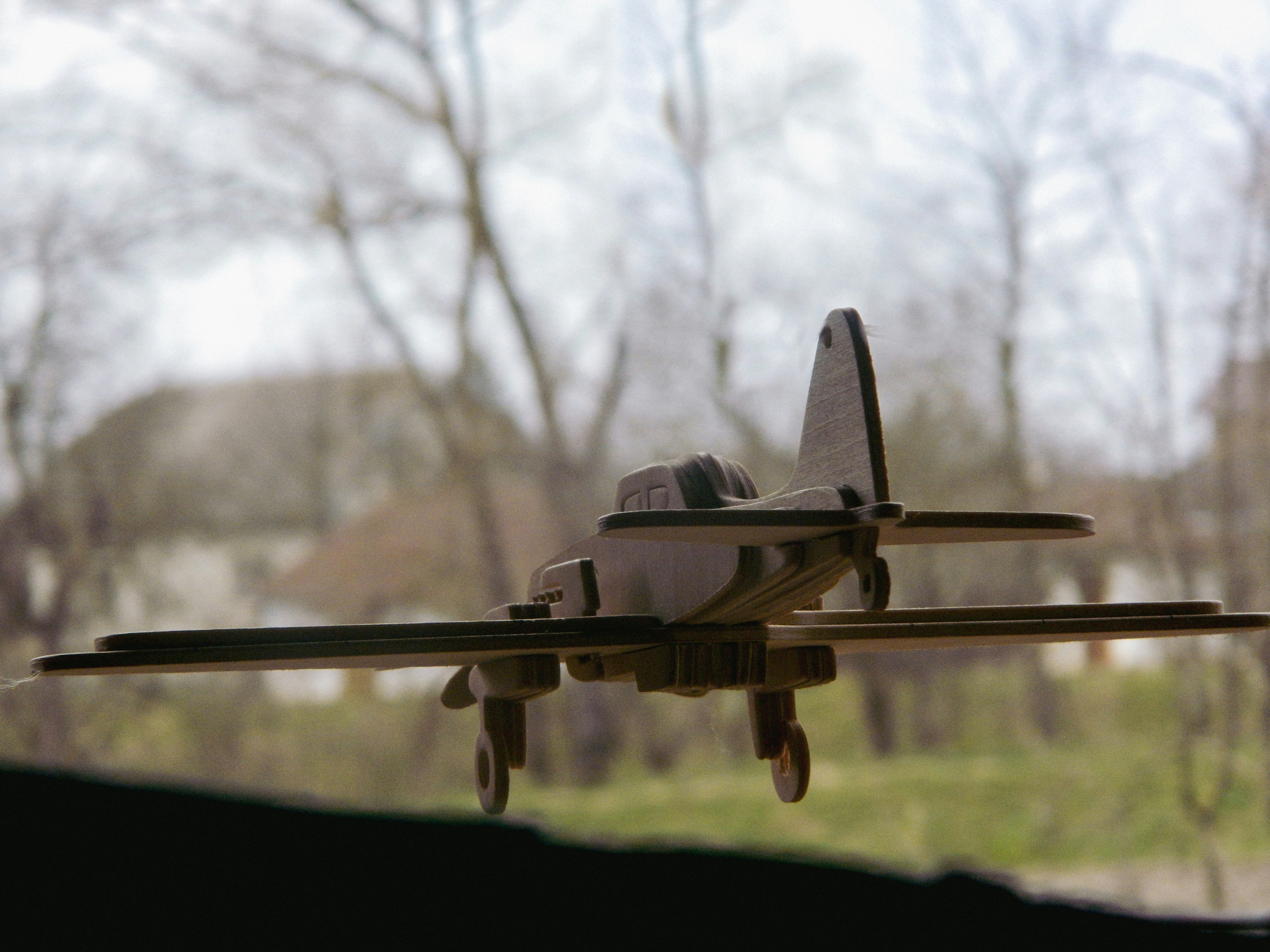 Model airplane in mid-flight against a blurred natural backdrop, emphasizing the contrast between the detailed craft and the soft scenery.