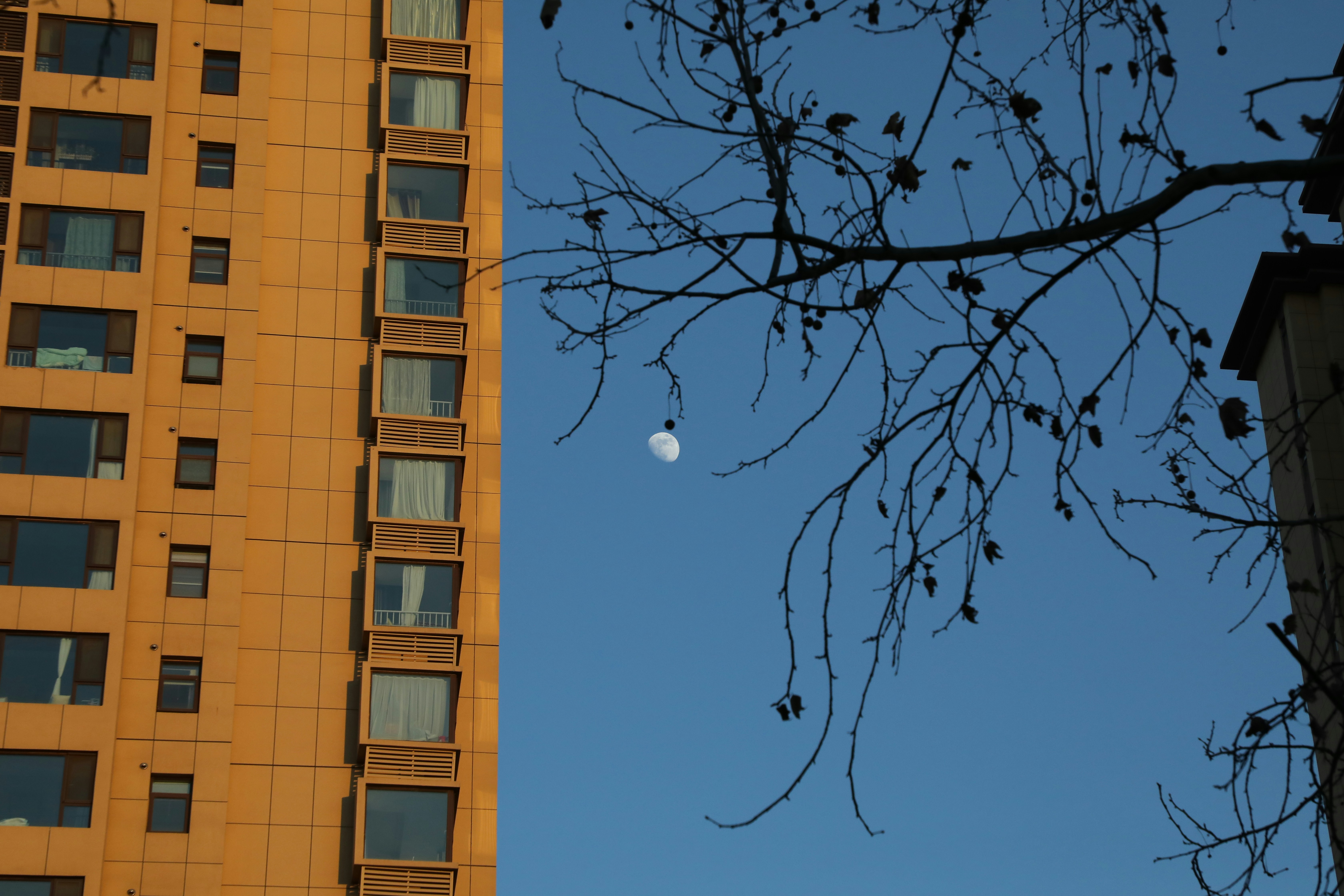 A tall building with a half moon in the sky photo – Free Moonlight ...