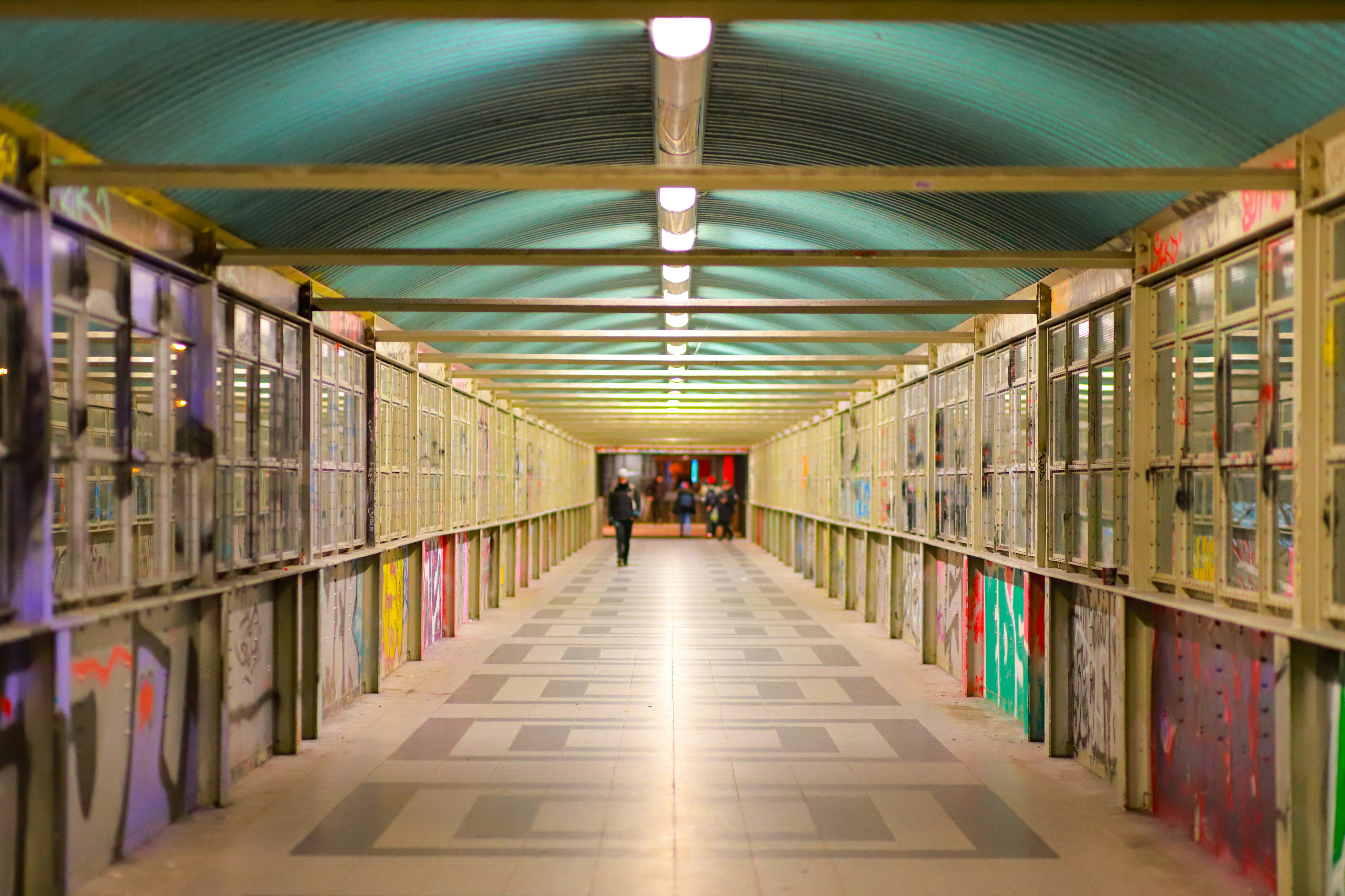A long hallway with lots of lockers on the walls photo – Free Person ...