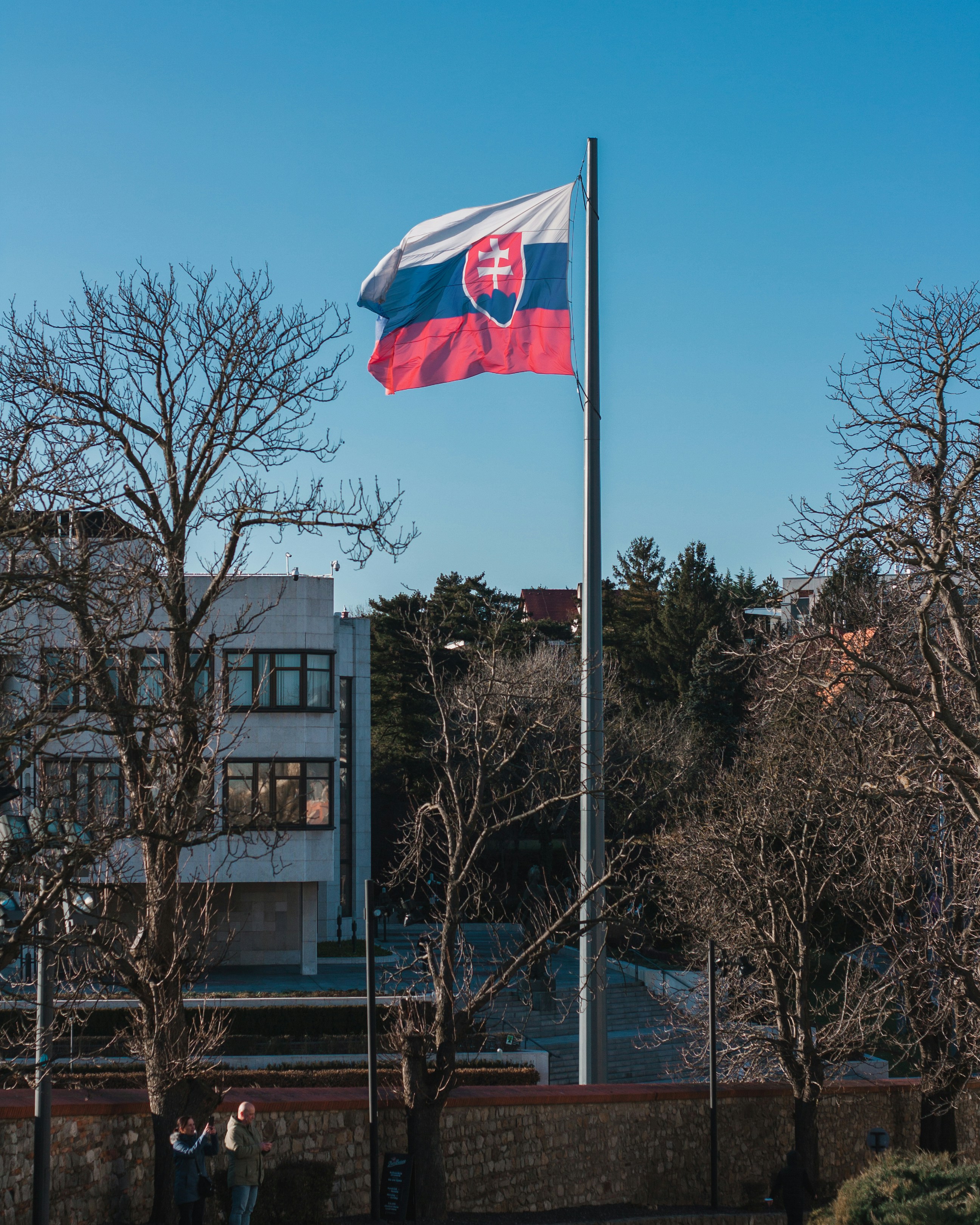 Slender flagpole, Slovak tricolor, standing tall above a quiet campus