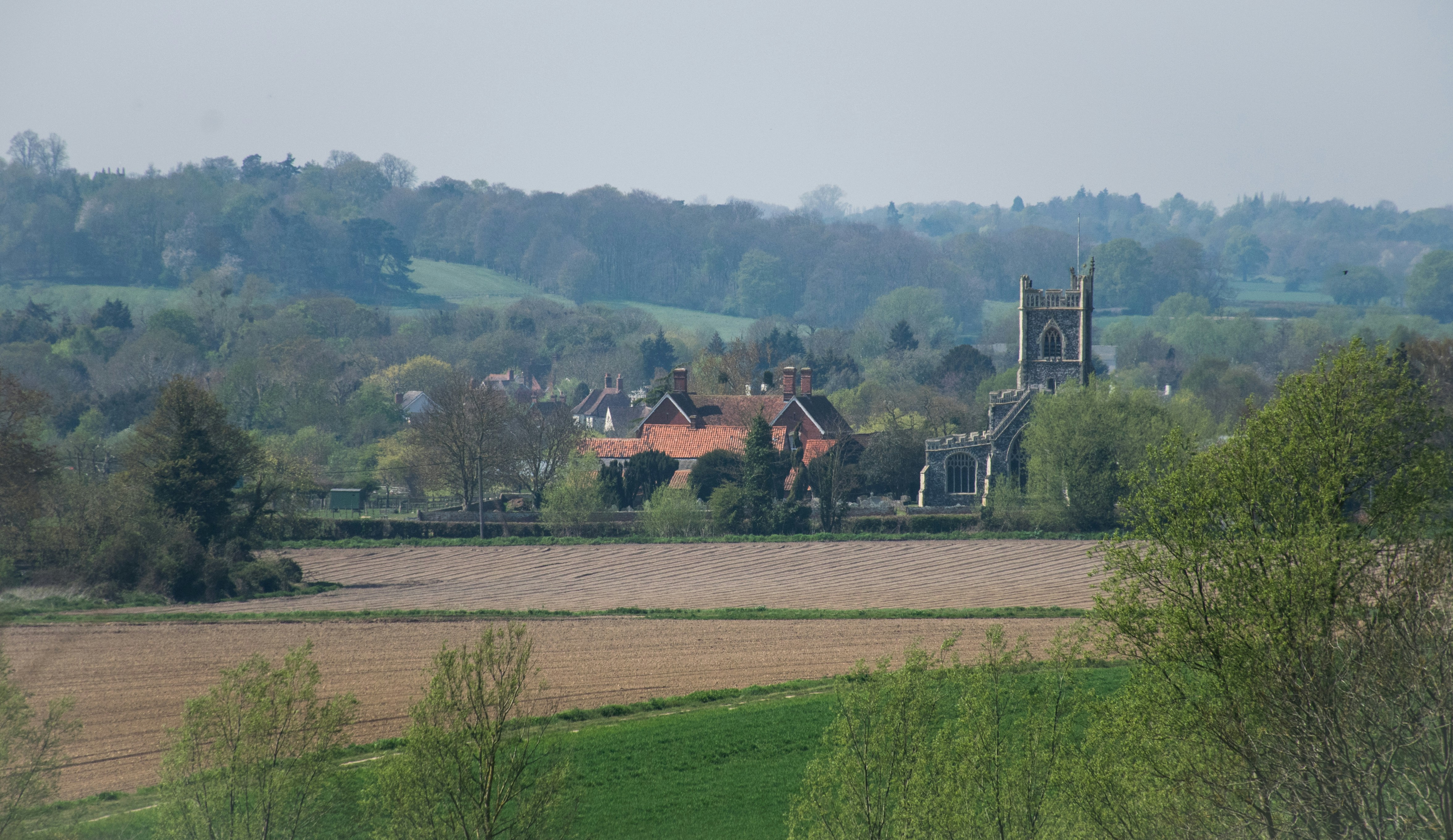Scenic view of Dedham village surrounded by lush fields and distant woodlands.