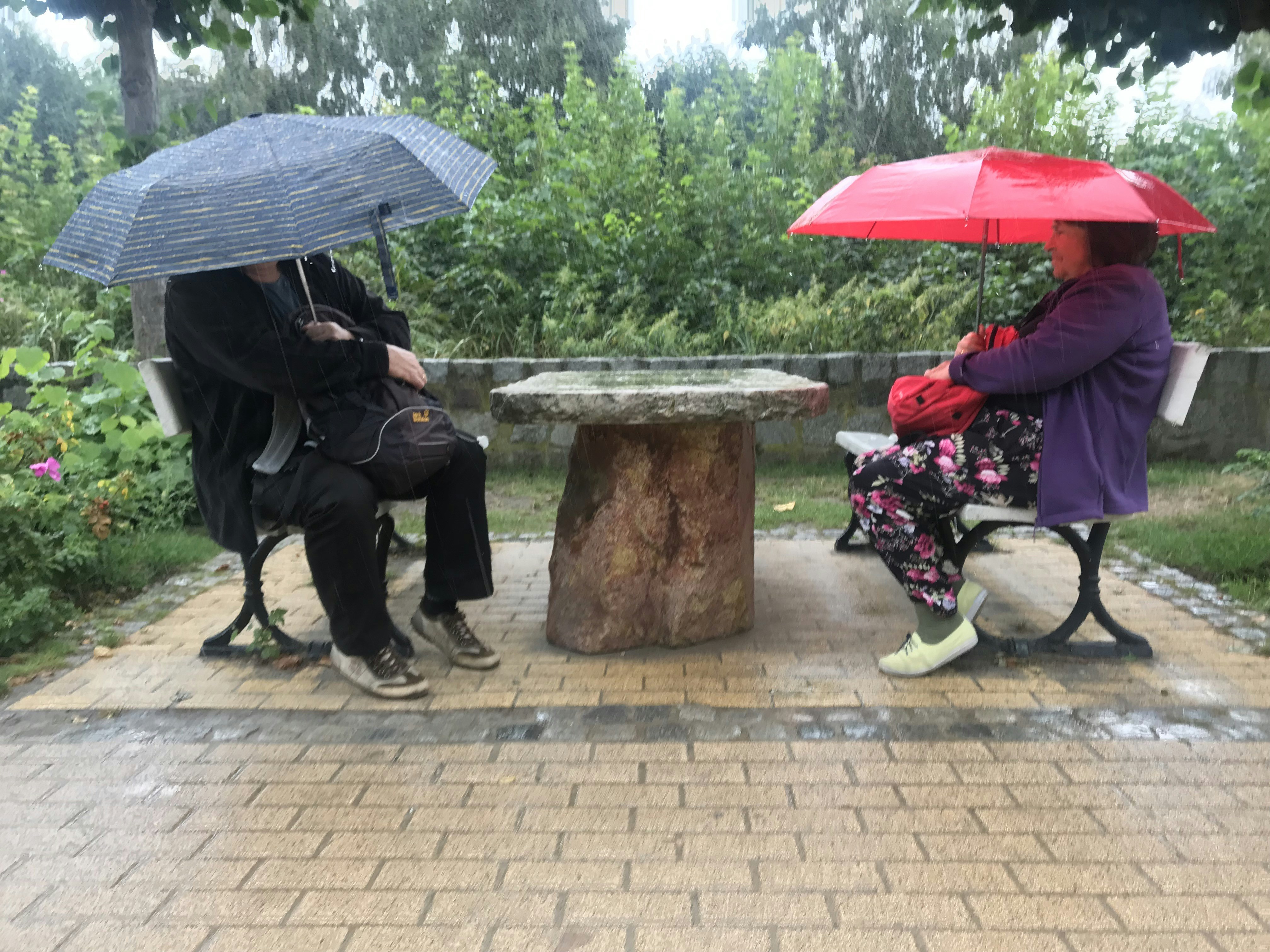 Two Umbrellas, One Stone Table: A Quiet Rainy Park Moment