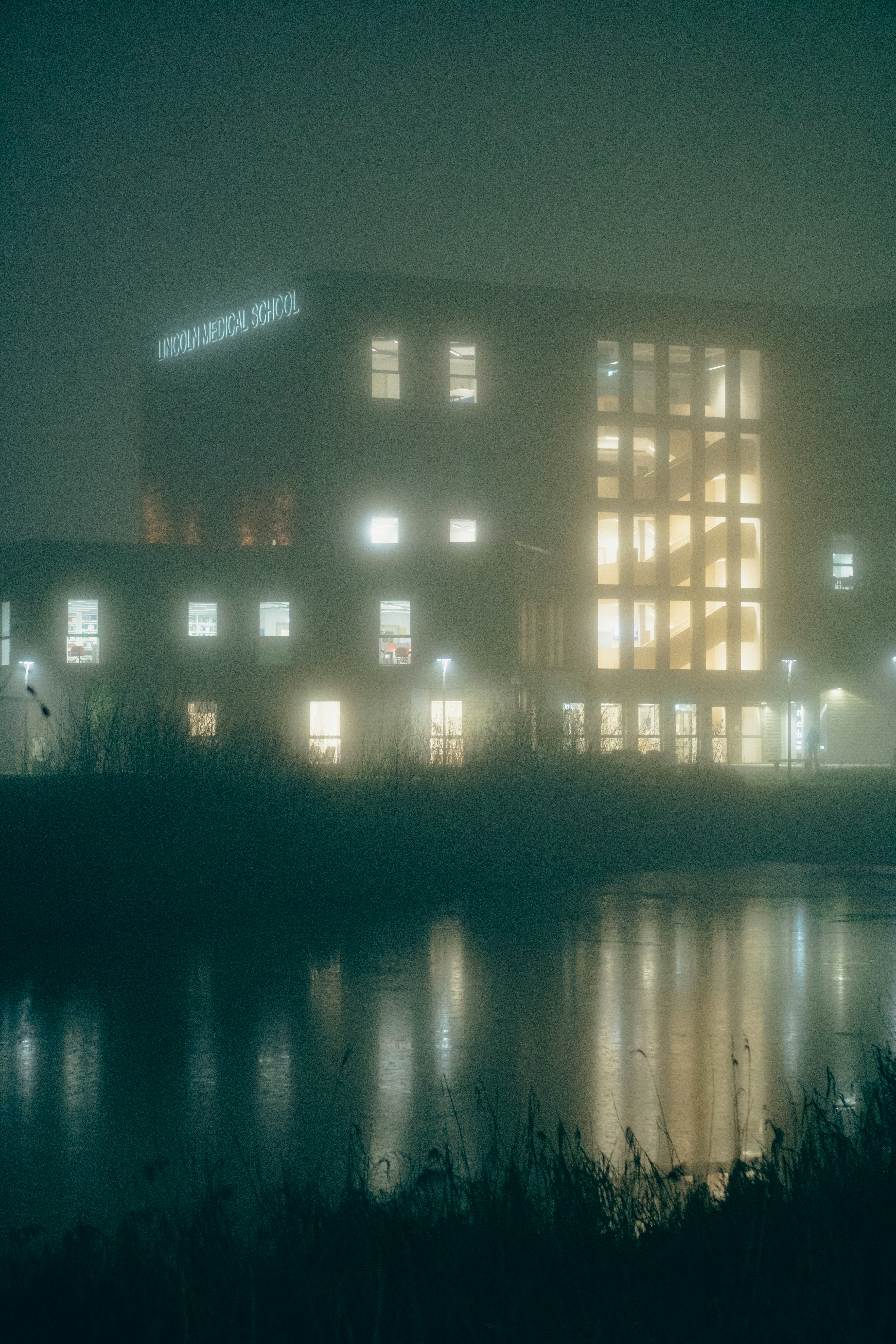 Mist-Soft Neon: Night Glow Over the Medical School