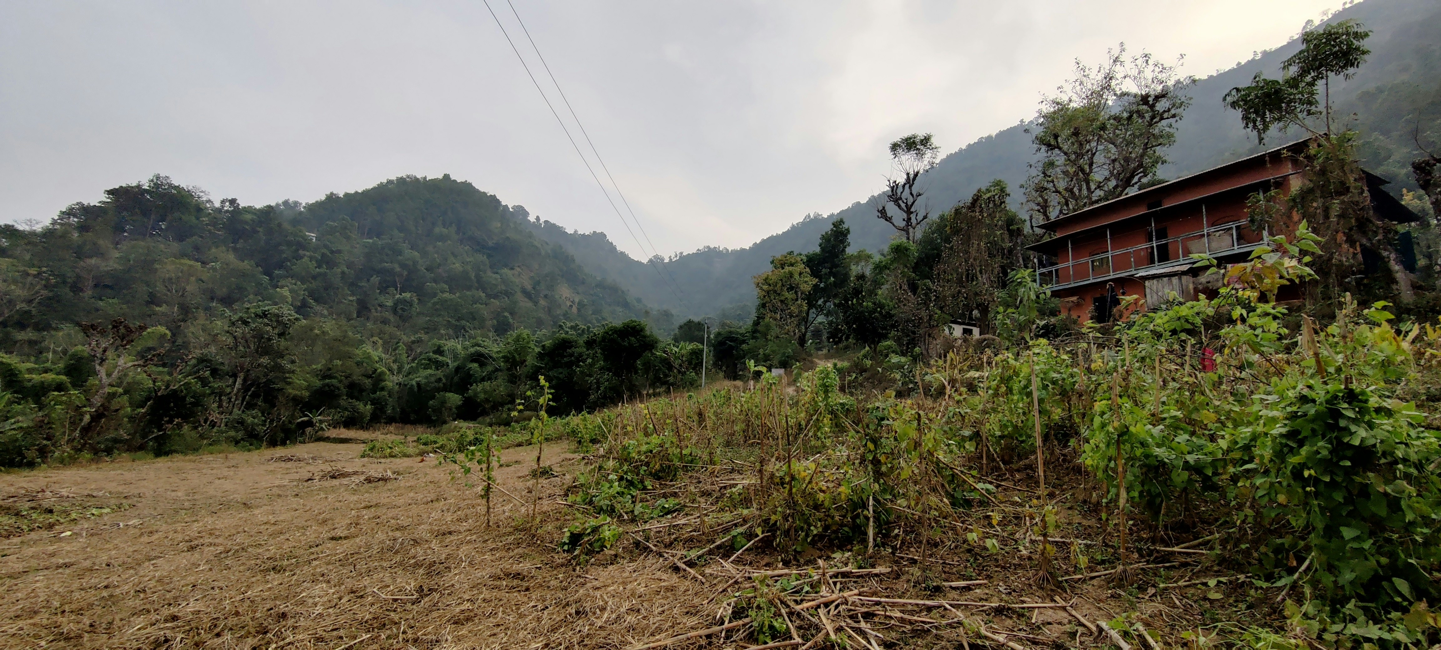 A rustic wooden house nestled in a mountainous landscape, surrounded by lush greenery and sparse dry fields. The scene evokes a sense of tranquility and connection with nature.