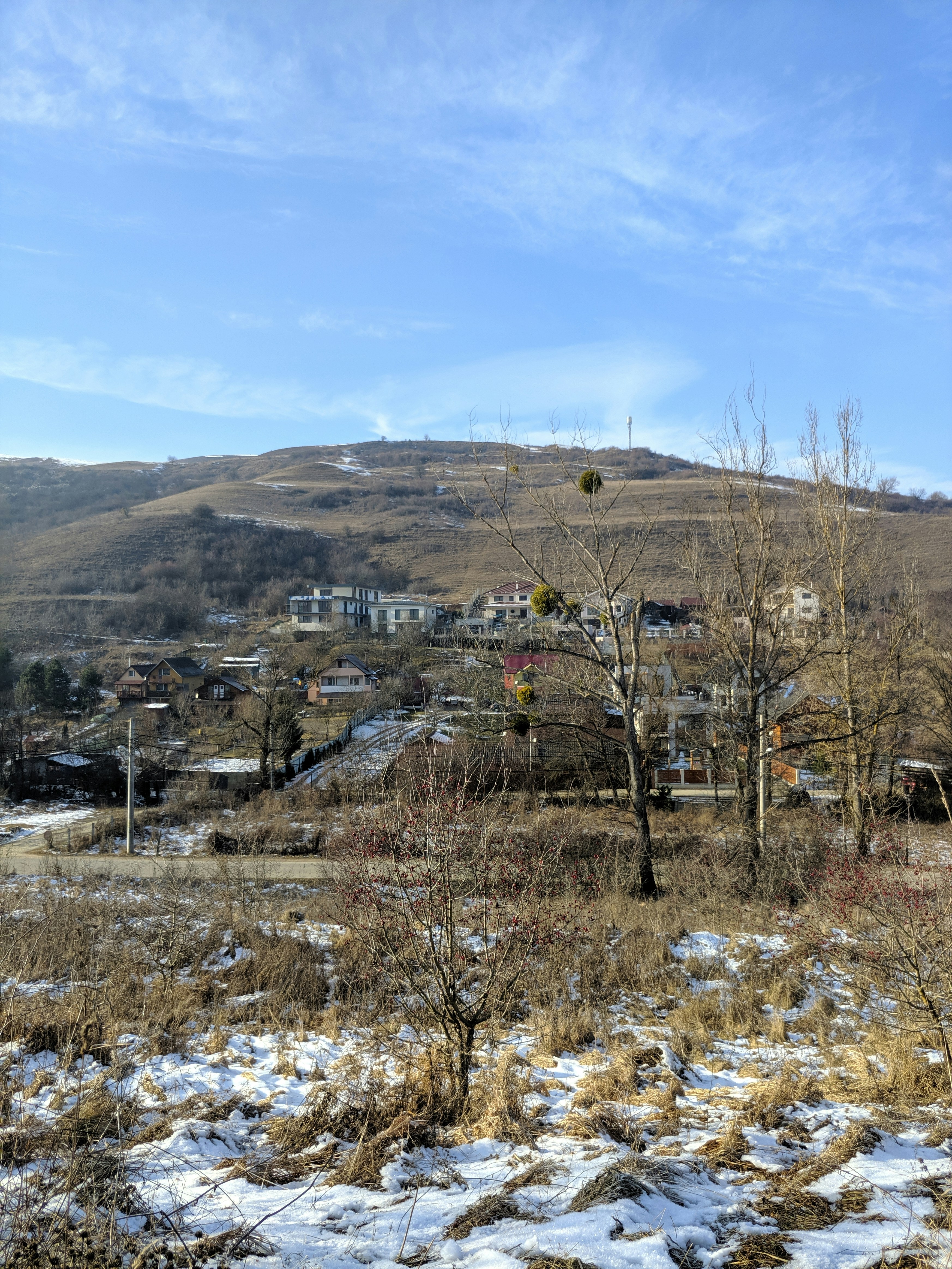 A serene winter landscape showcasing a quaint village nestled in the hills, with snow-dusted ground and a clear blue sky above.