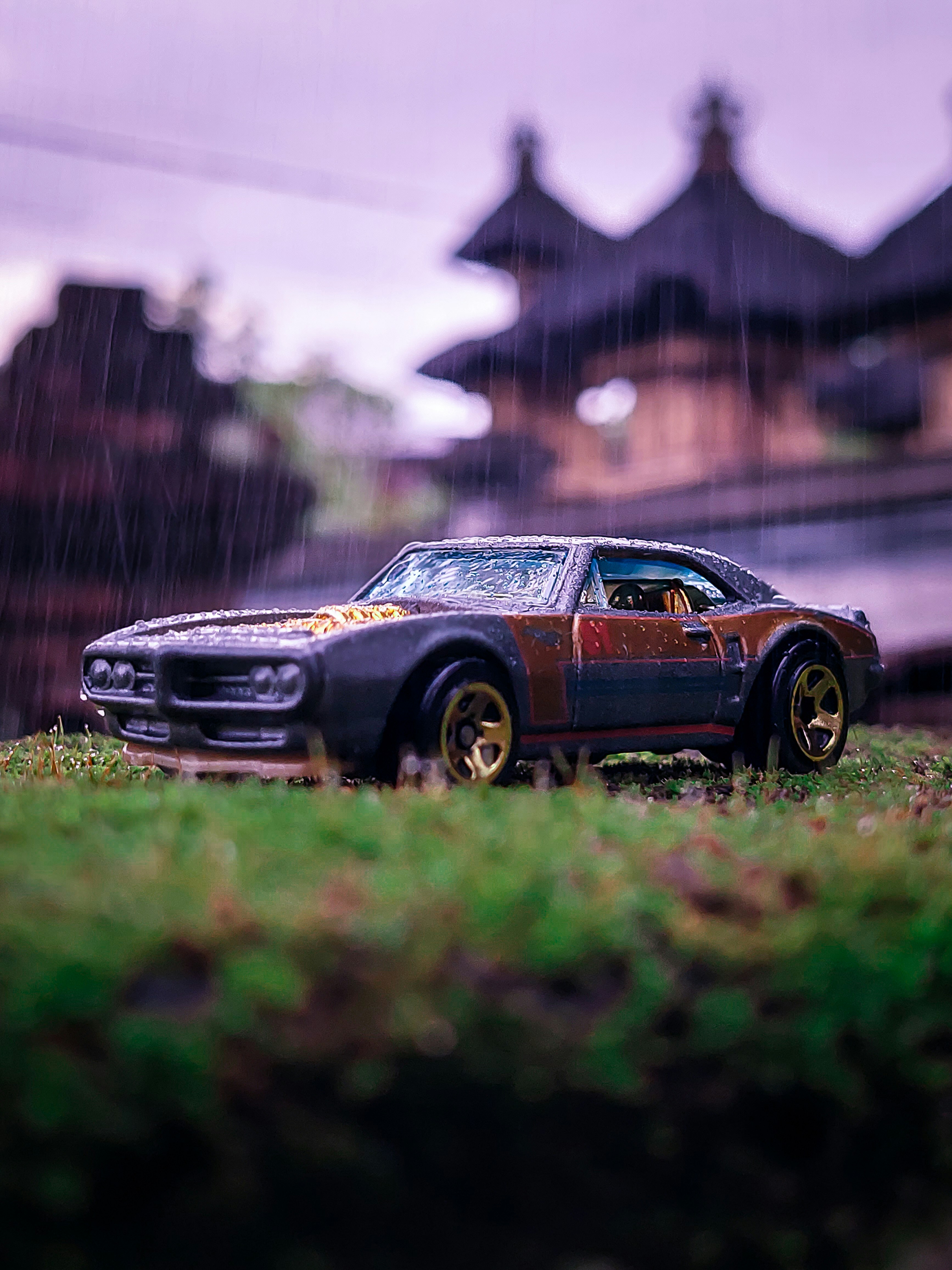 Macro-style photograph of a weathered toy car resting on damp grass as rain falls, with a softly blurred backdrop.