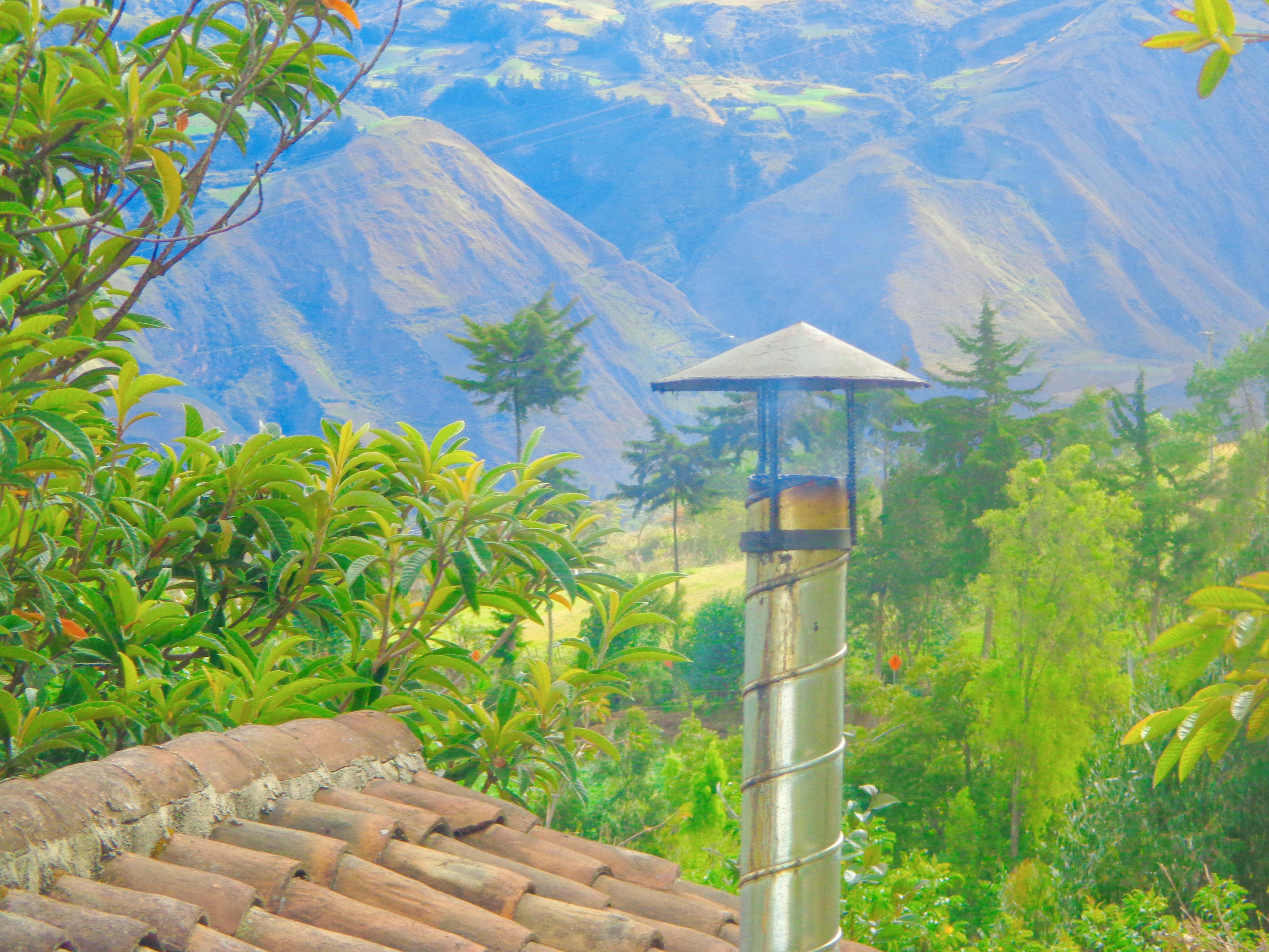 Terracotta-tiled roof frames a spiraled metal chimney amid lush greenery. Snow-dusted alpine peaks loom in the distance behind a bright garden scene.