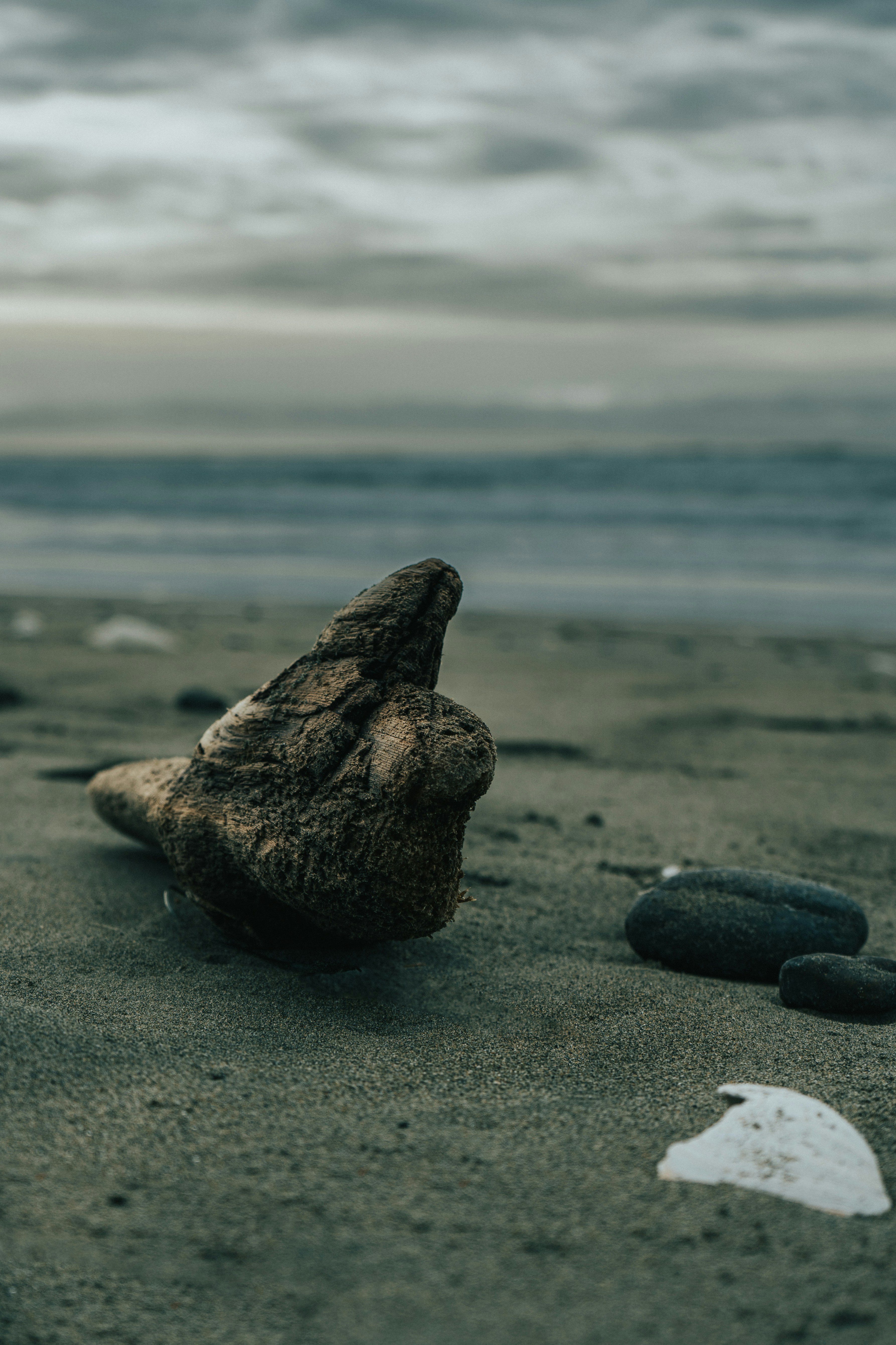 a rock sitting on top of a sandy beach