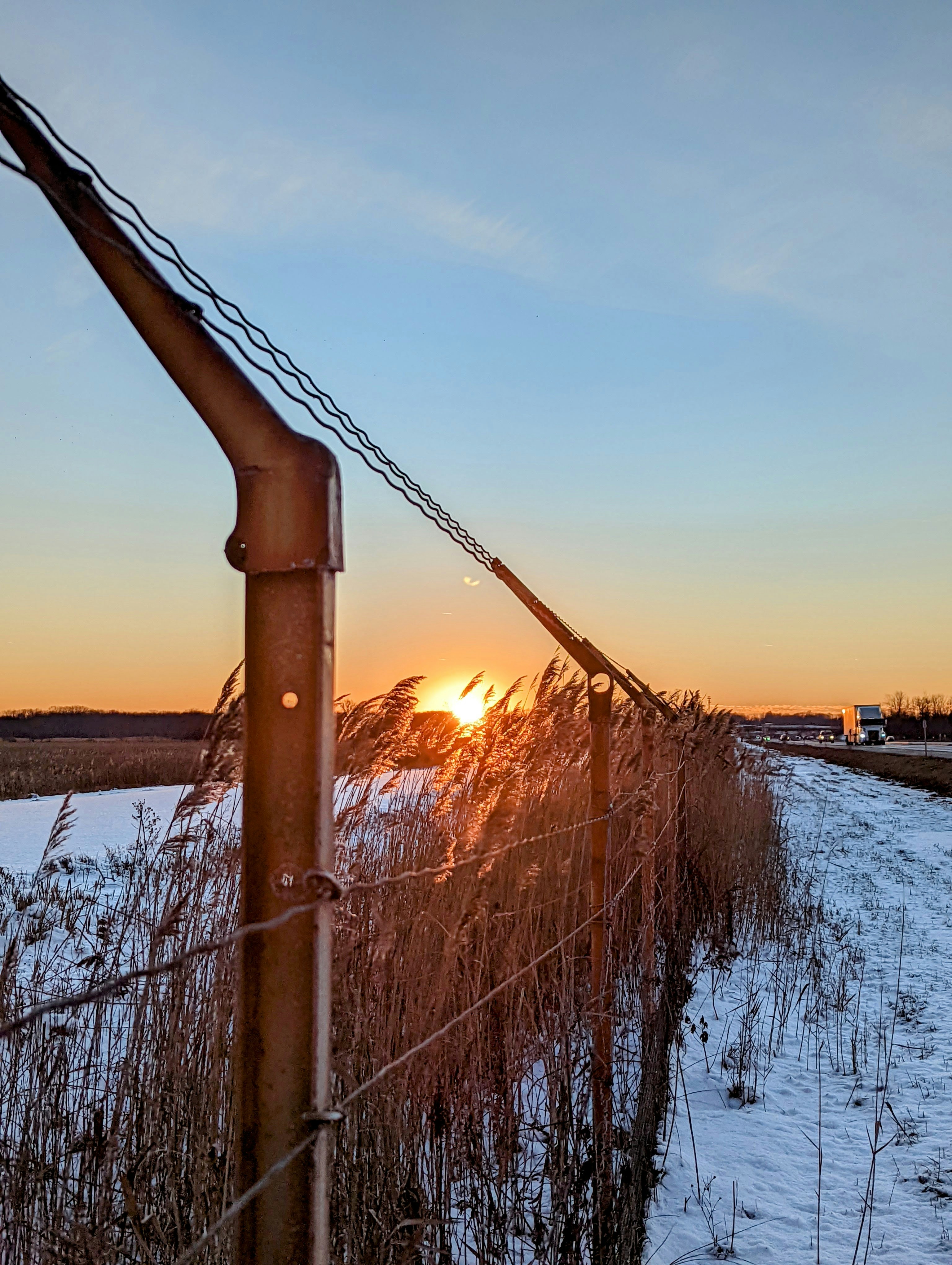 Golden sunset illuminating a barbed wire fence, with tall grass swaying in the foreground against a snowy landscape.