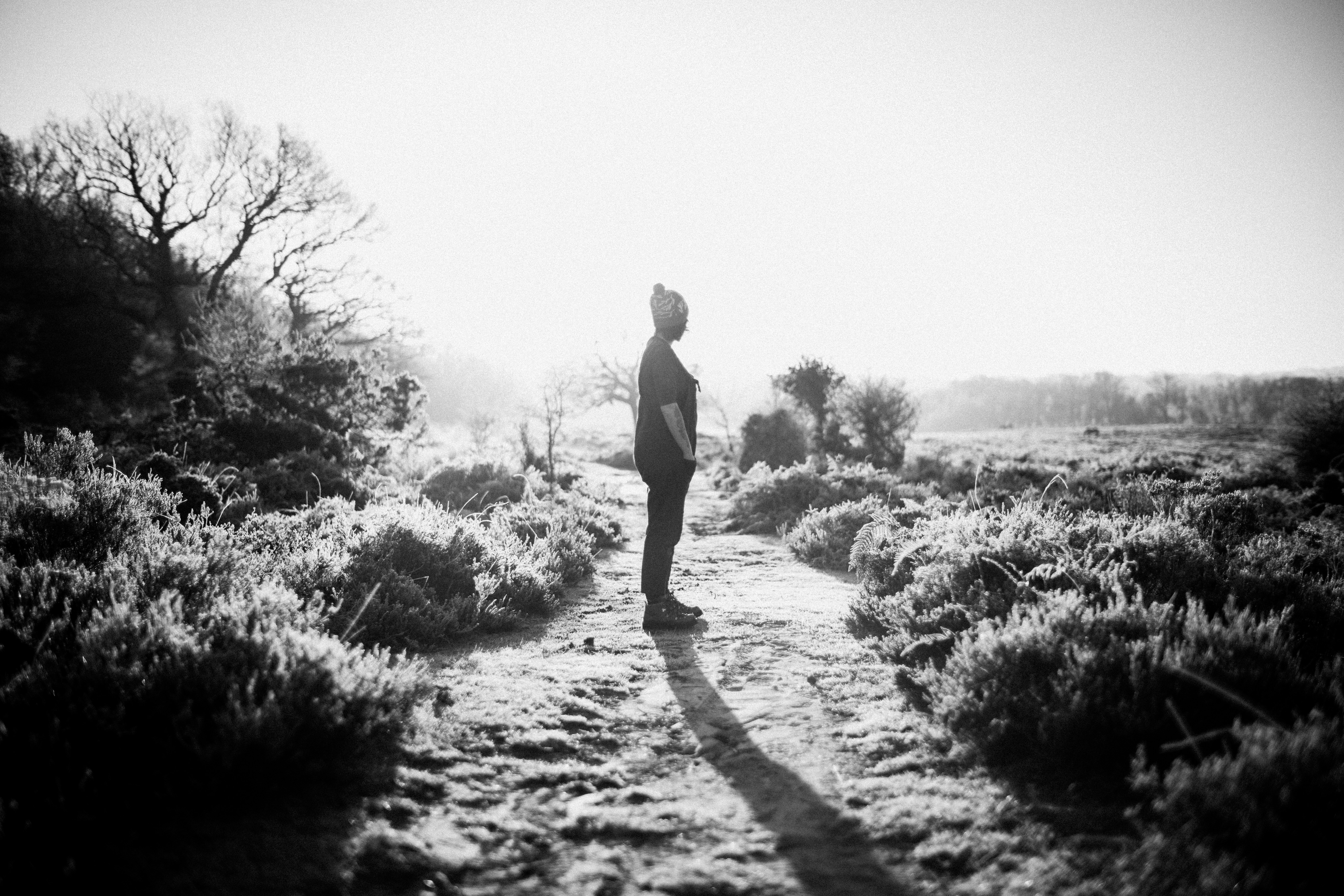 Silhouette on a sunlit trail: a lone figure and an elongated shadow