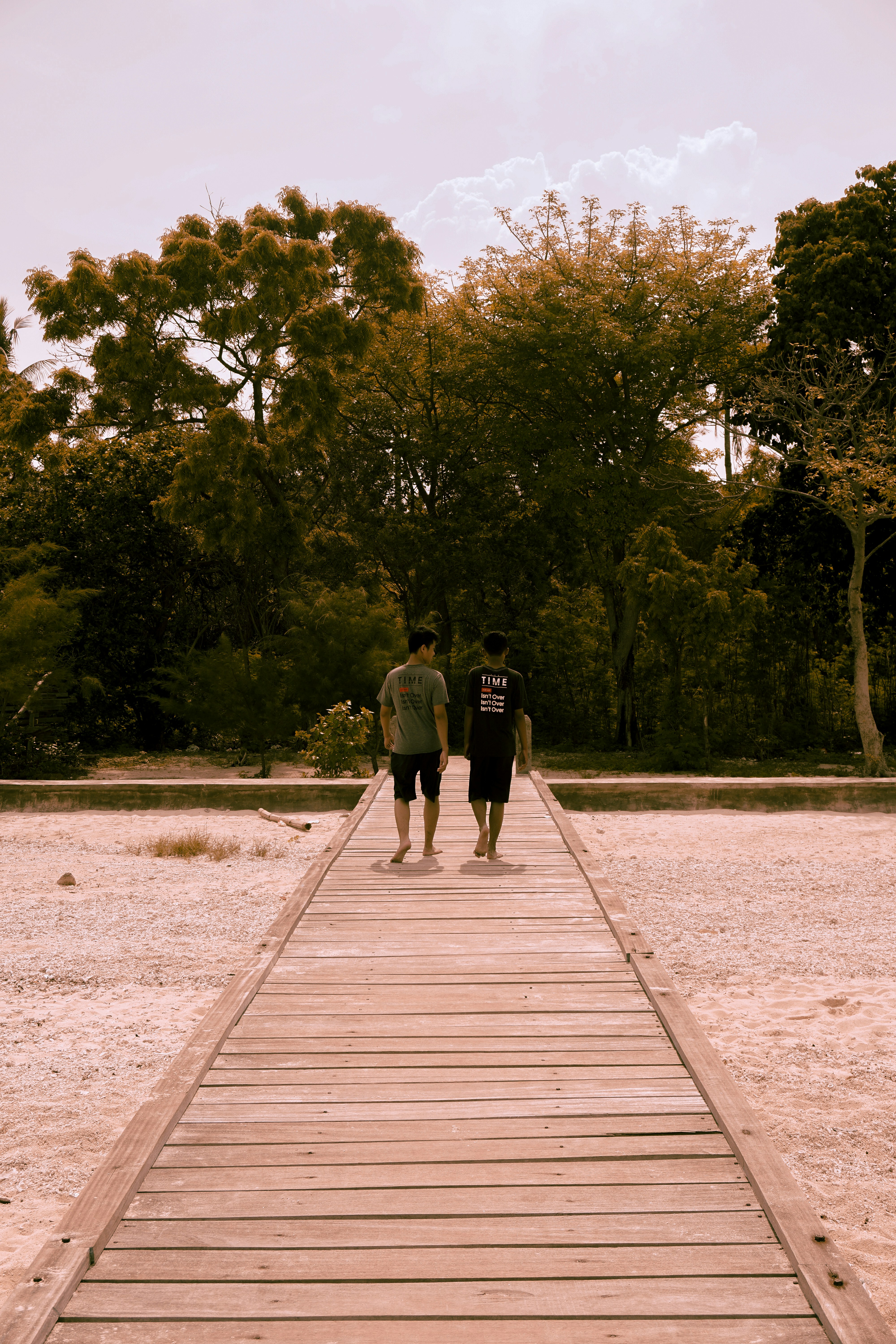 Two individuals walking along a wooden pier surrounded by lush greenery, creating a serene atmosphere. The warm tones enhance the tranquil mood.