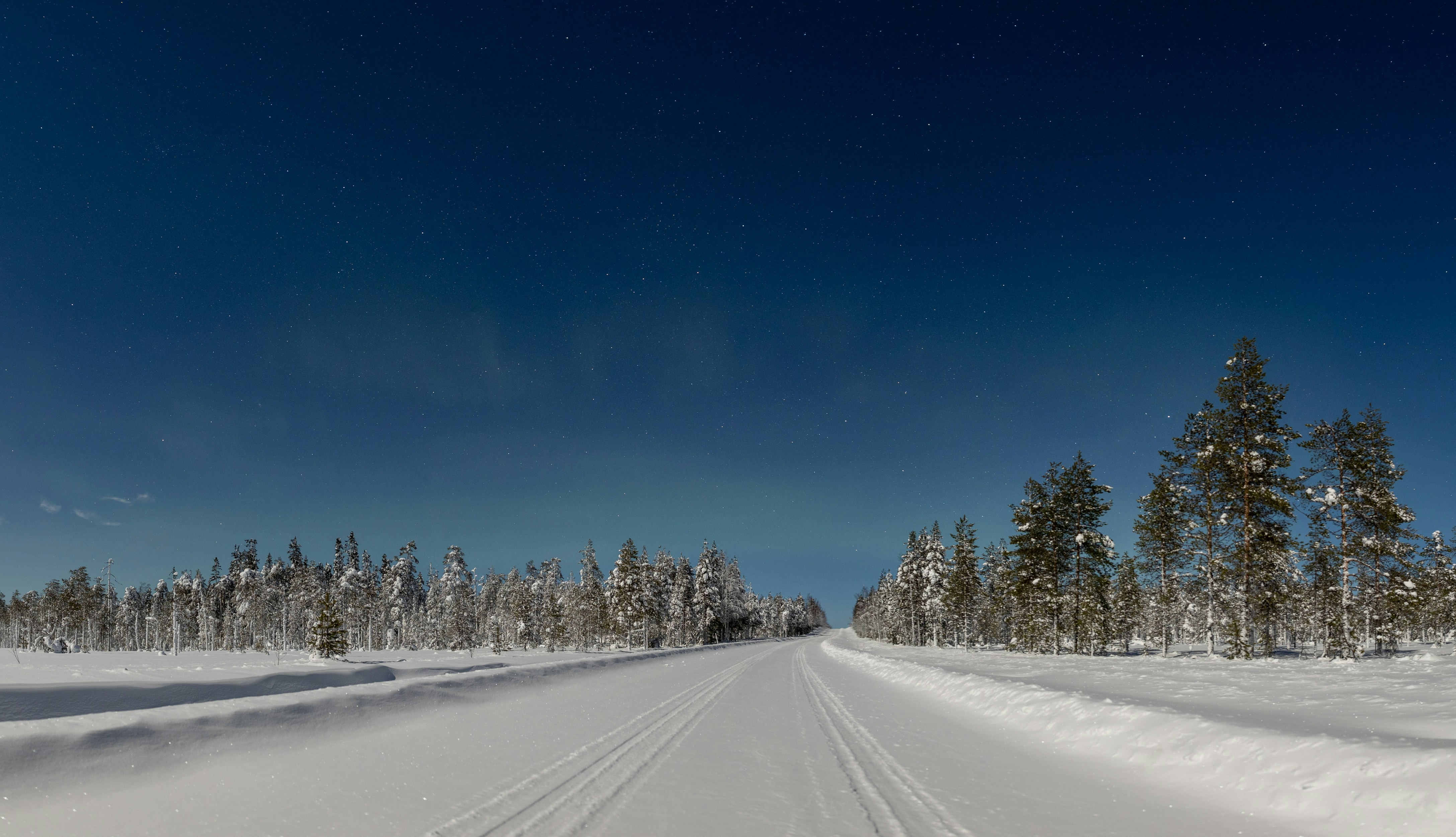 Vanishing Point on a Snowbound Nordic Road Under a Starfield