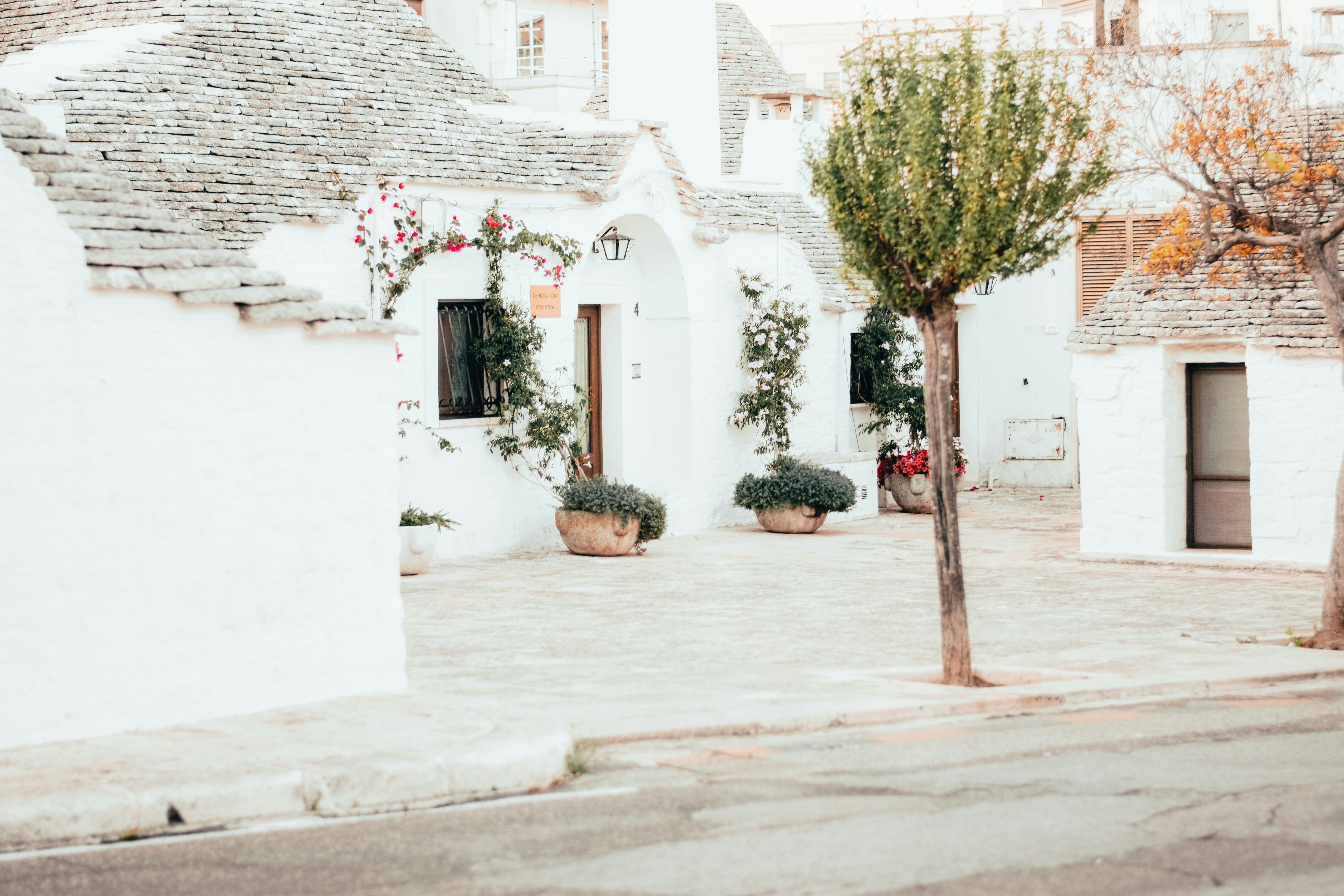 White stone buildings with conical roofs and potted plants on a quiet street corner.