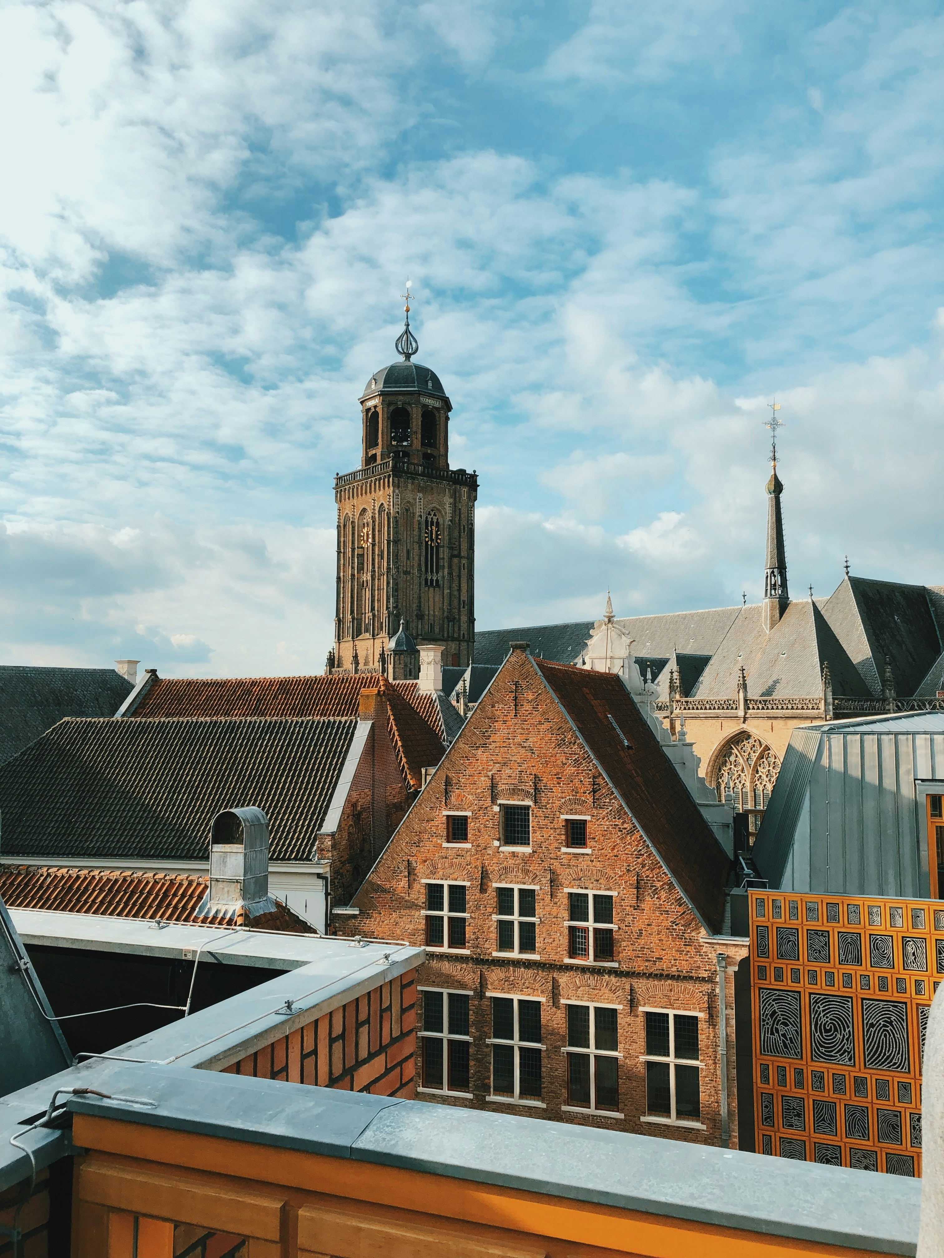 Historic buildings with intricate rooftops and a prominent clock tower against a backdrop of a cloudy sky.