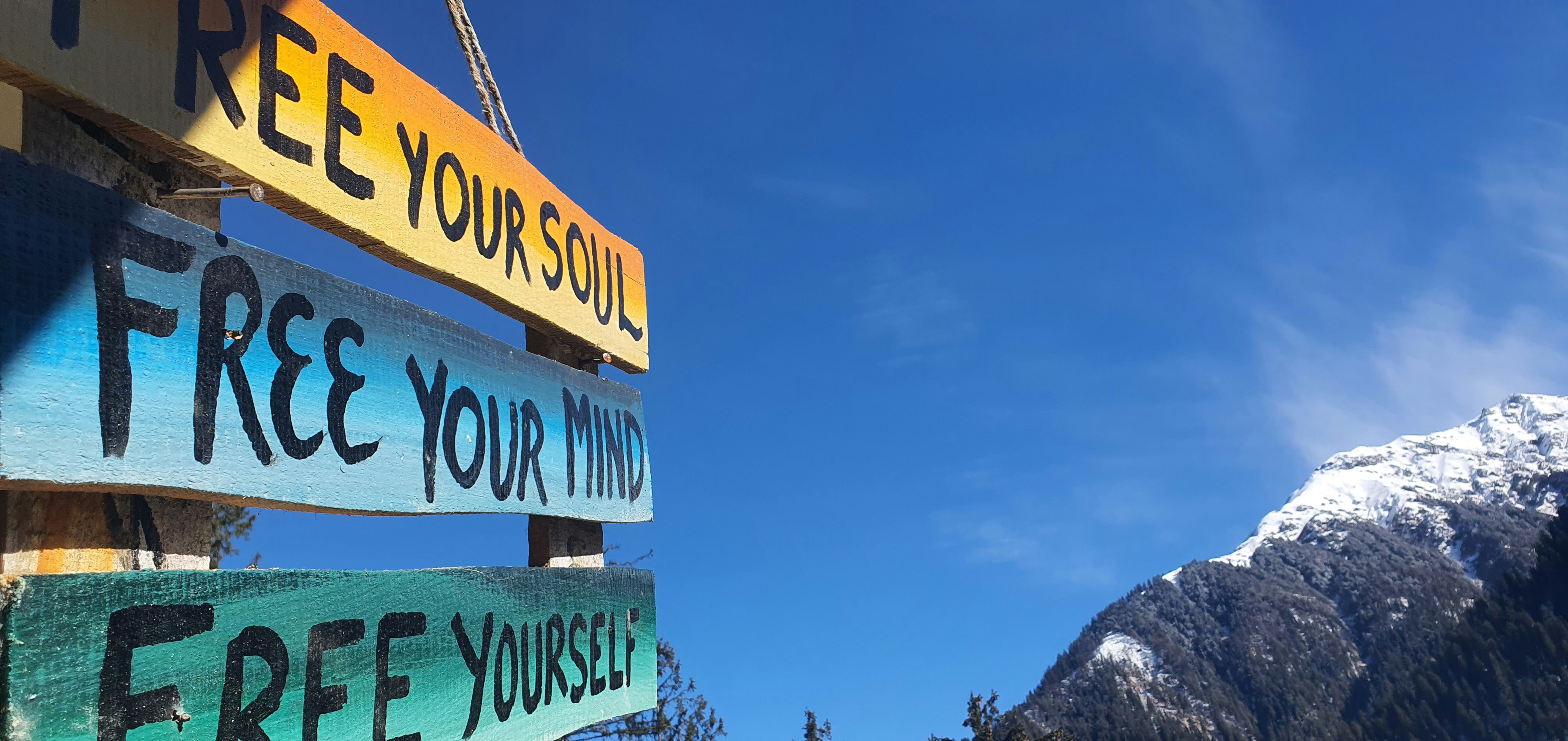 Colorful wooden signpost stacked with the phrases 'FREE YOUR SOUL' and 'FREE YOUR MIND' stands against a bright blue alpine sky and snow-capped peaks.