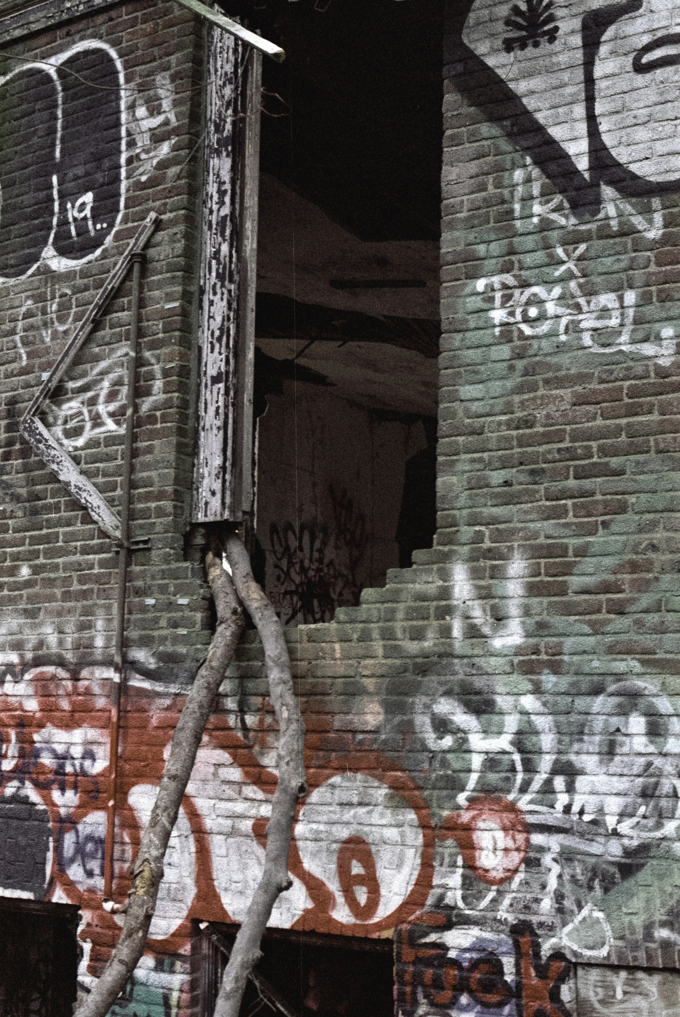 Doorway to Decay: Graffiti-Tagged Stairwell in an Abandoned Brick Structure
